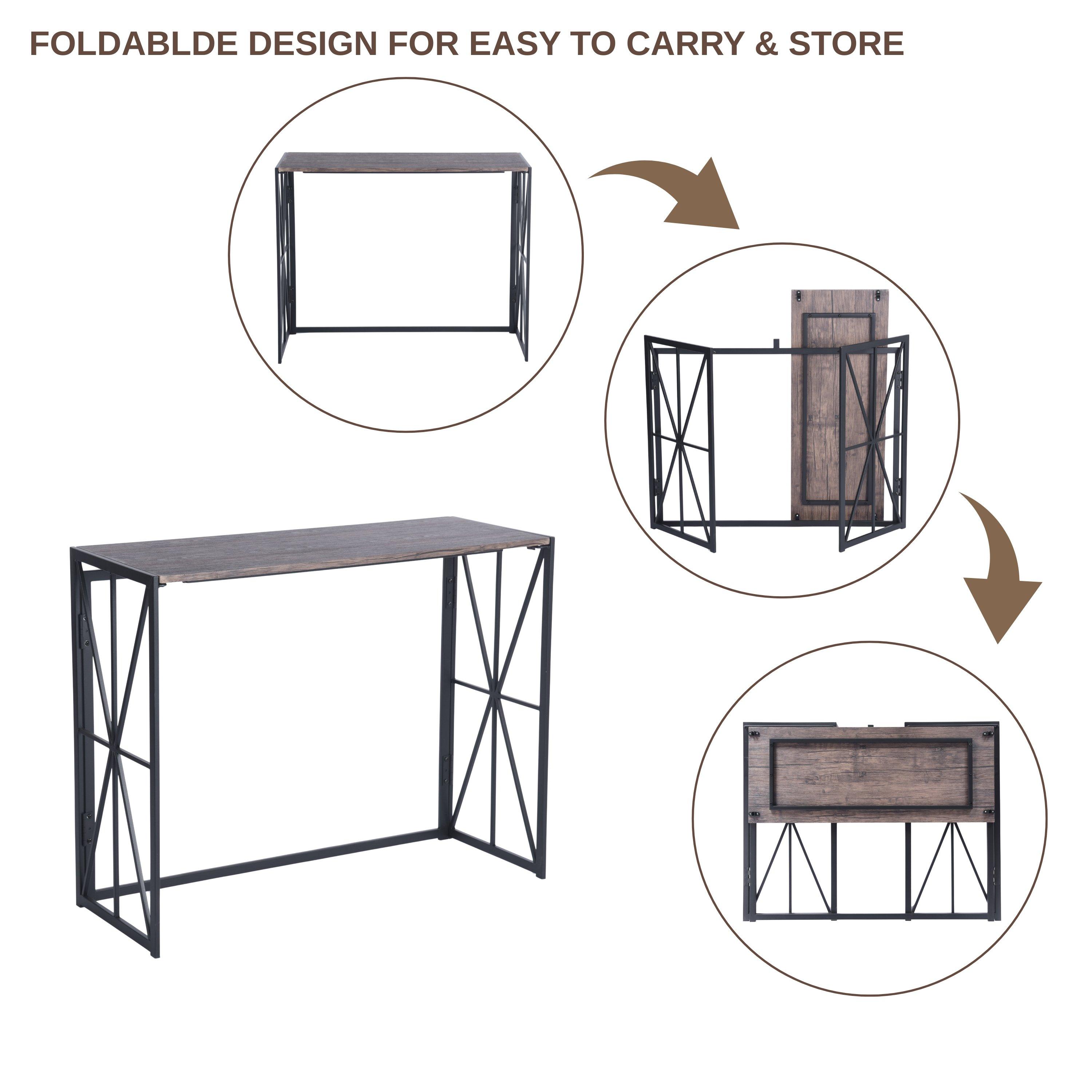FurnitureR Folding Console Table – Industrial Desk with Rustic Wood Top ...