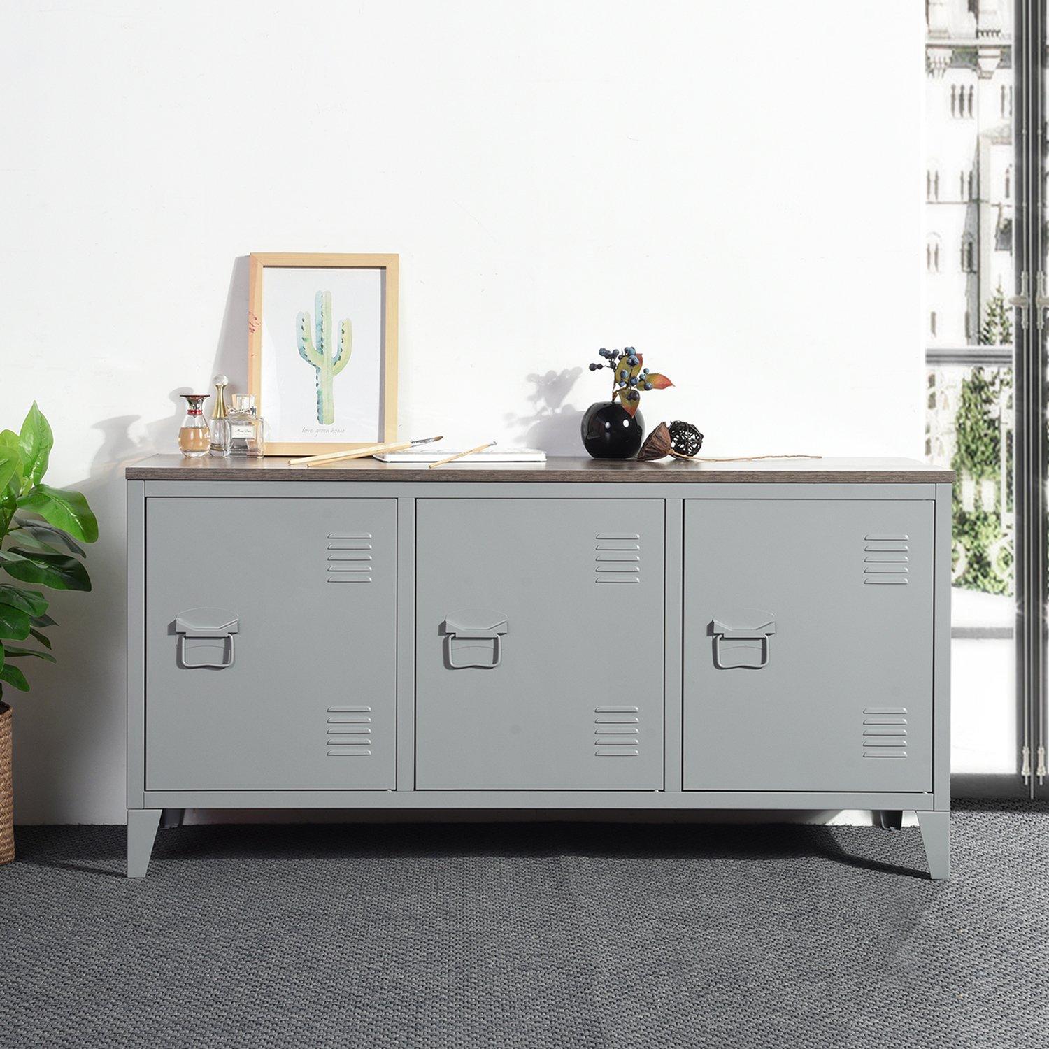 FurnitureR | Metal Sideboard Cabinet with 3 Doors and Wood-Effect Top ...