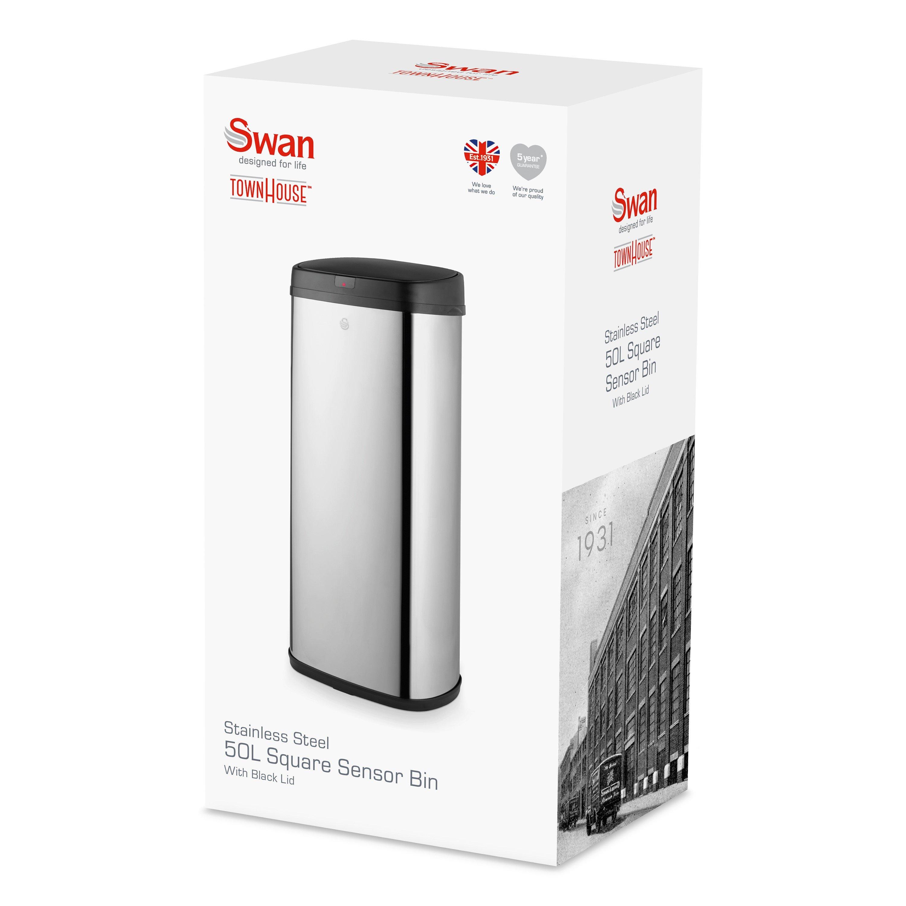 Swan | 50L Square Sensor Bin w/Black | Bins | FRASERS