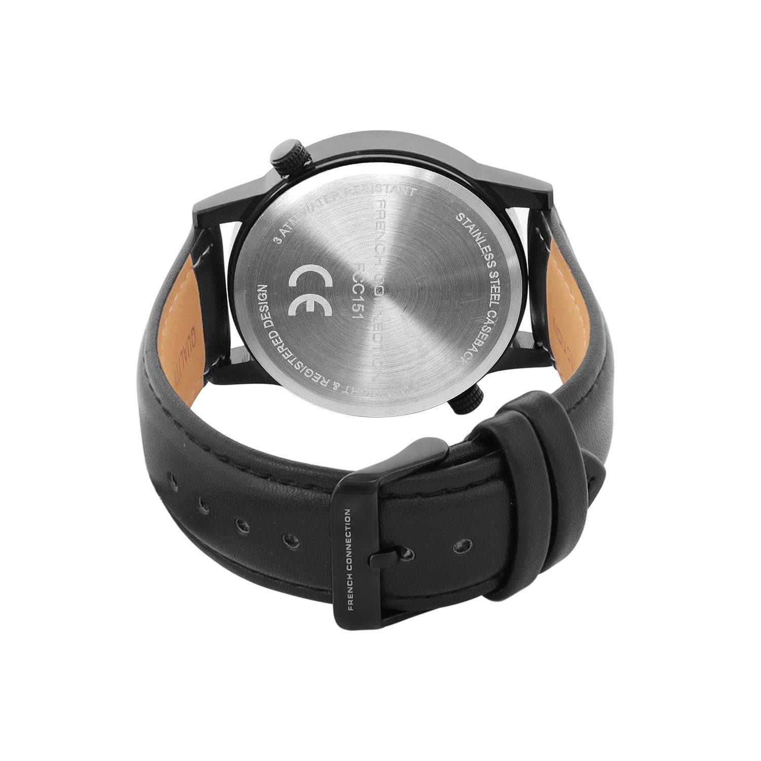 French Connection | Men's Black Faux Leather 42mm Analogue Quartz Watch ...