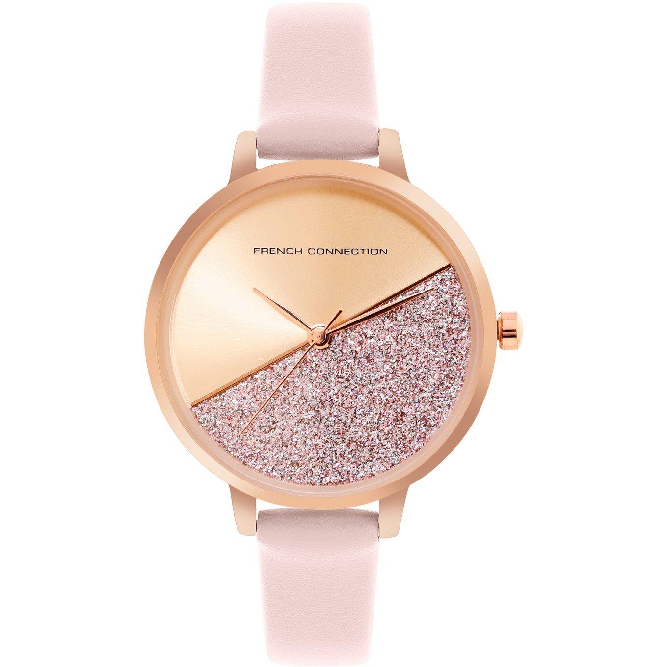 French Connection | Rose Case Round Shape Pink Strap Quartz Watch ...
