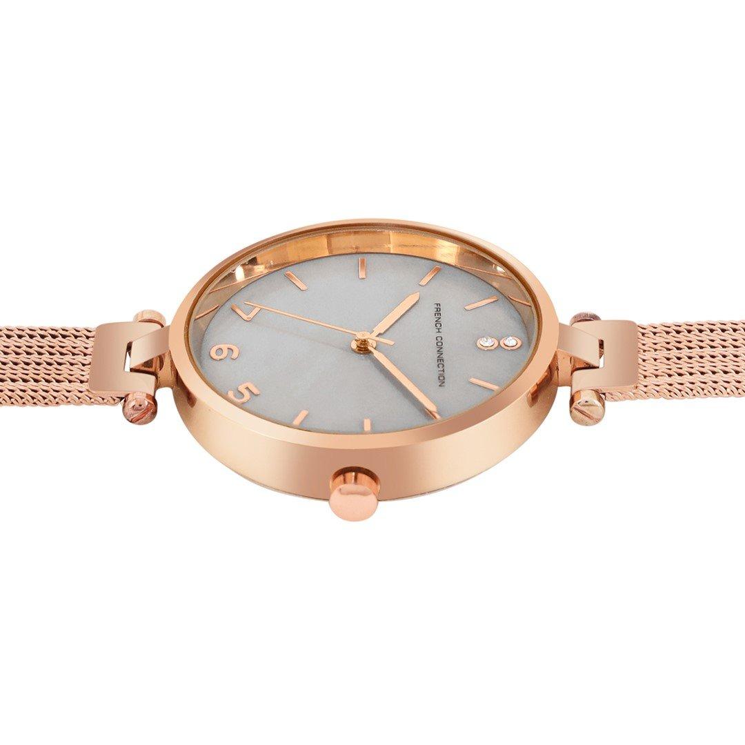 French Connection | Rose Case Round Shape Rose Strap Quartz Watch ...