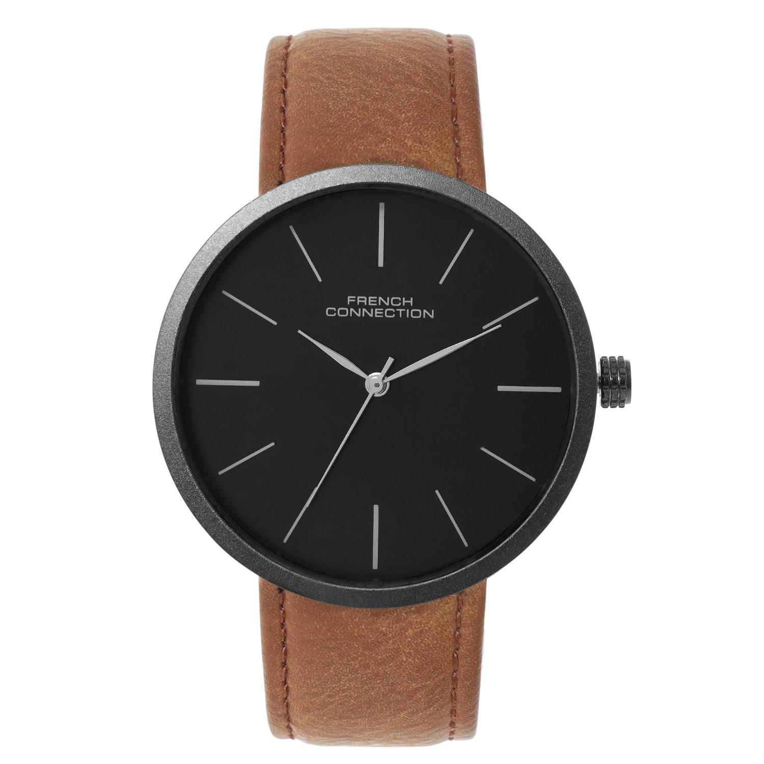 French Connection | Black Case Round Shape Brown Strap Quartz Watch ...