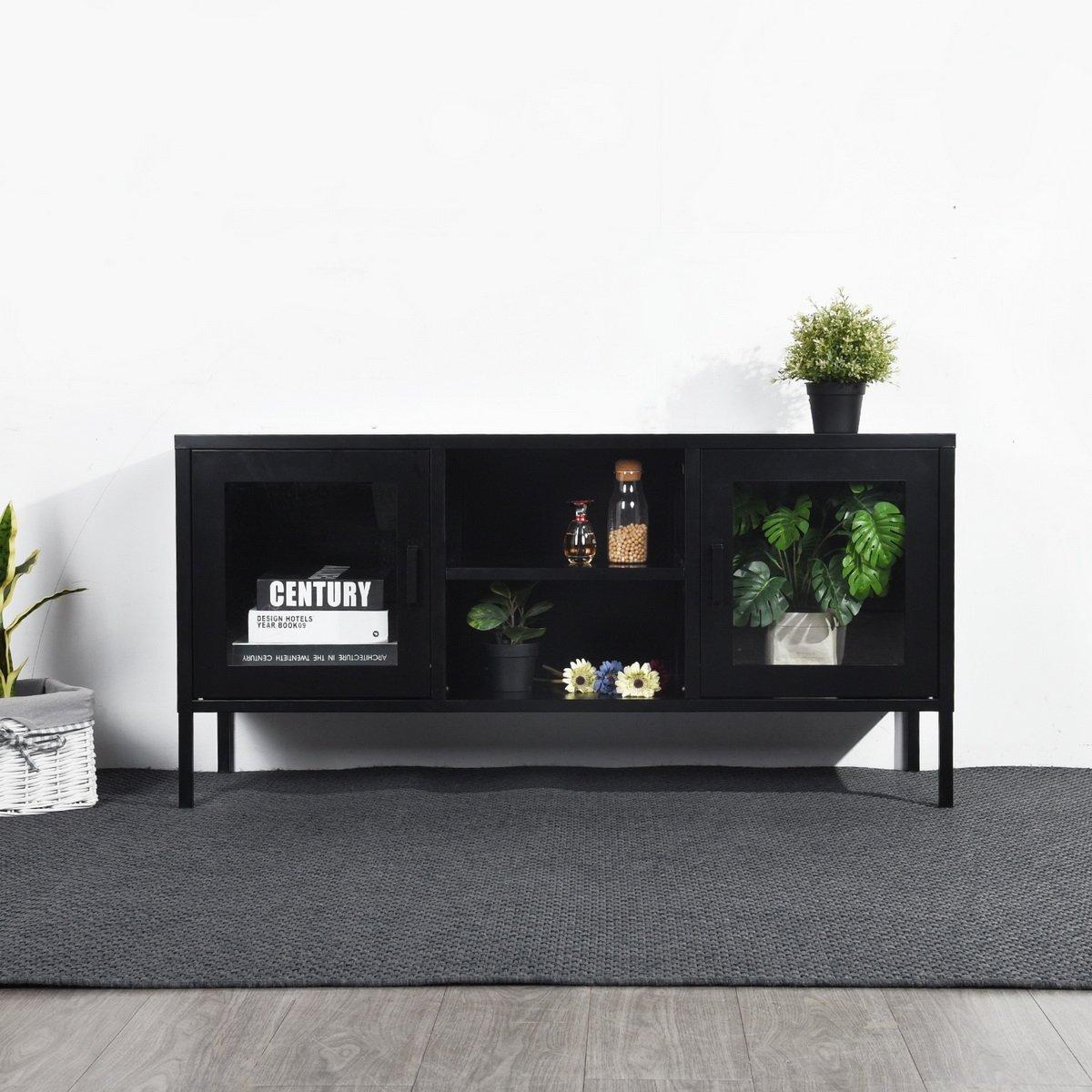 FurnitureR | Metal Sideboard with Glass Doors and Open Shelves 120 x 40 ...