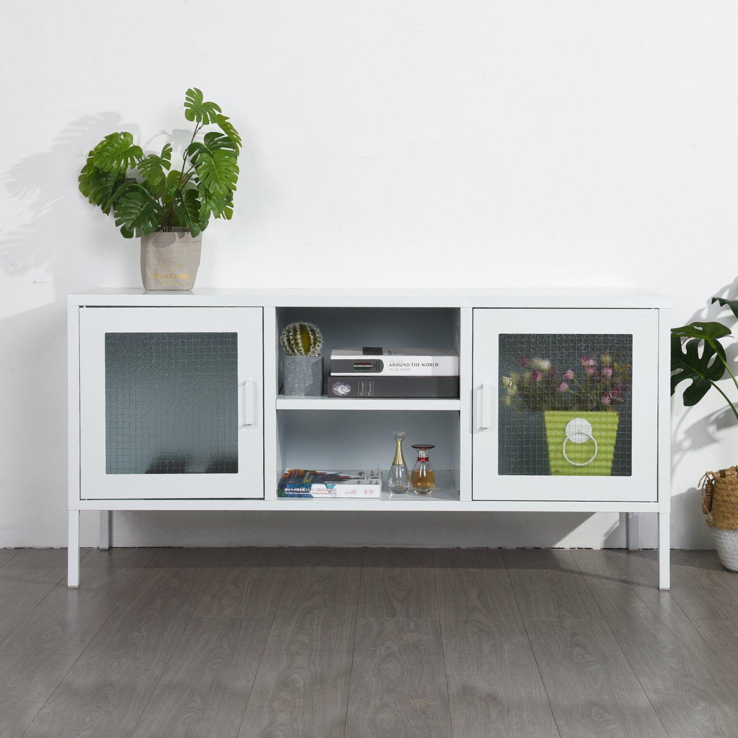 FurnitureR | Metal Sideboard with Glass Doors and Open Shelves White ...