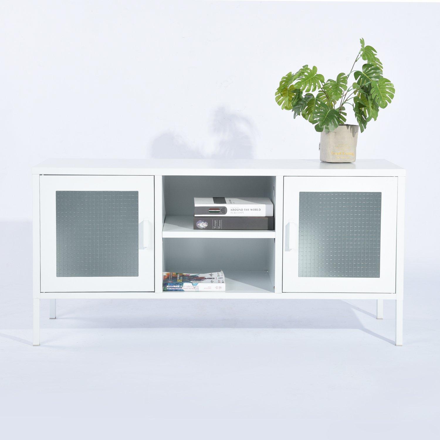 FurnitureR | Metal Sideboard with Glass Doors and Open Shelves White ...