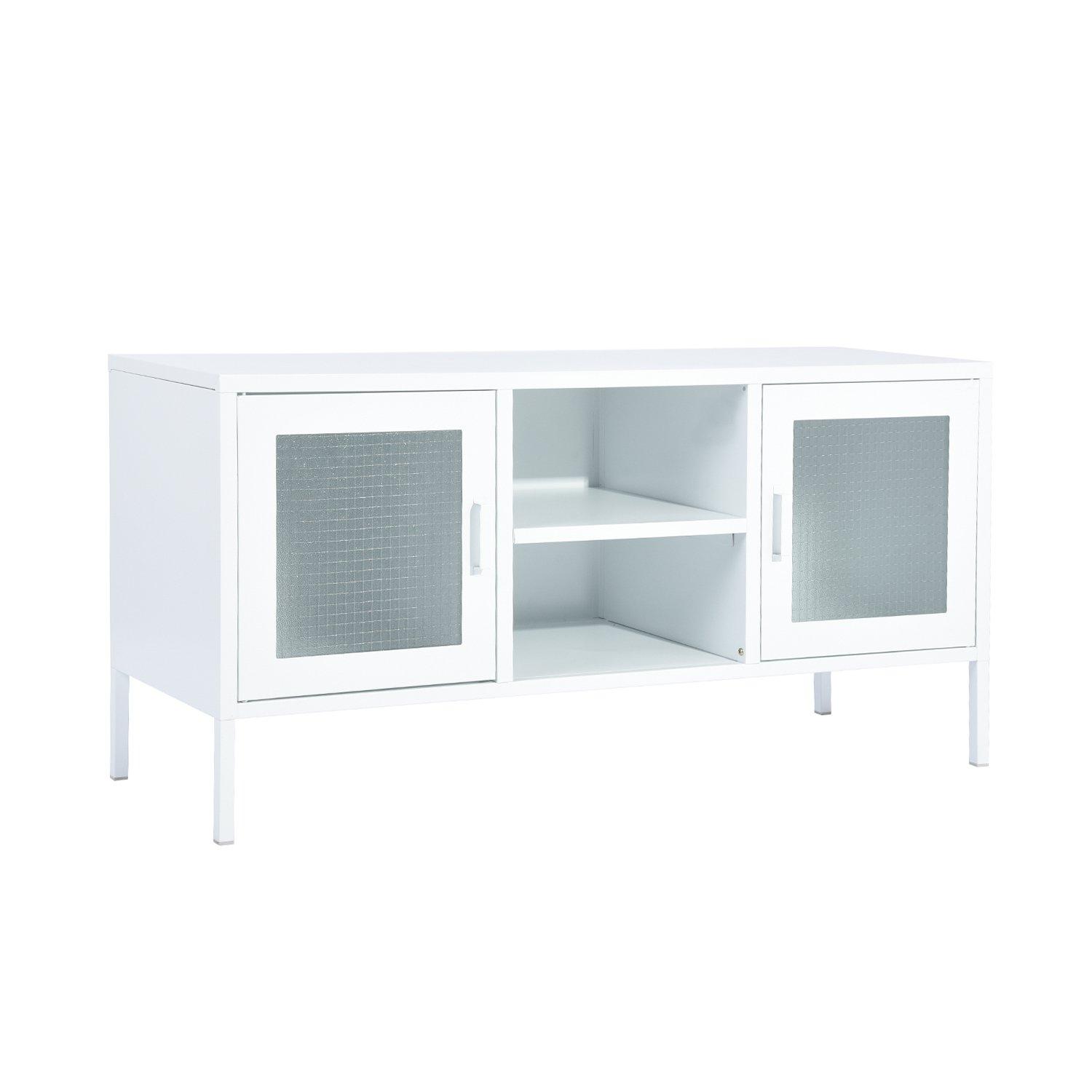 FurnitureR | Metal Sideboard with Glass Doors and Open Shelves White ...
