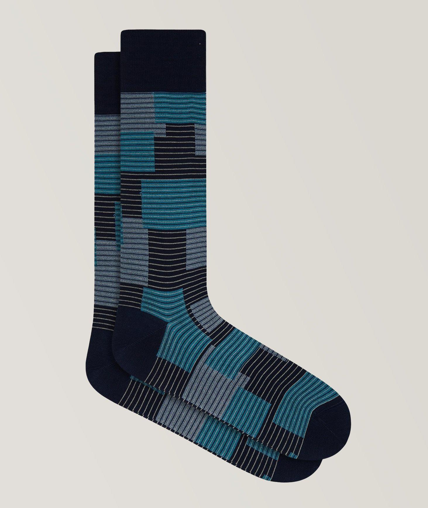 Bugatchi Striped Block Print Stretch-Cotton Socks | Socks | Harry Rosen