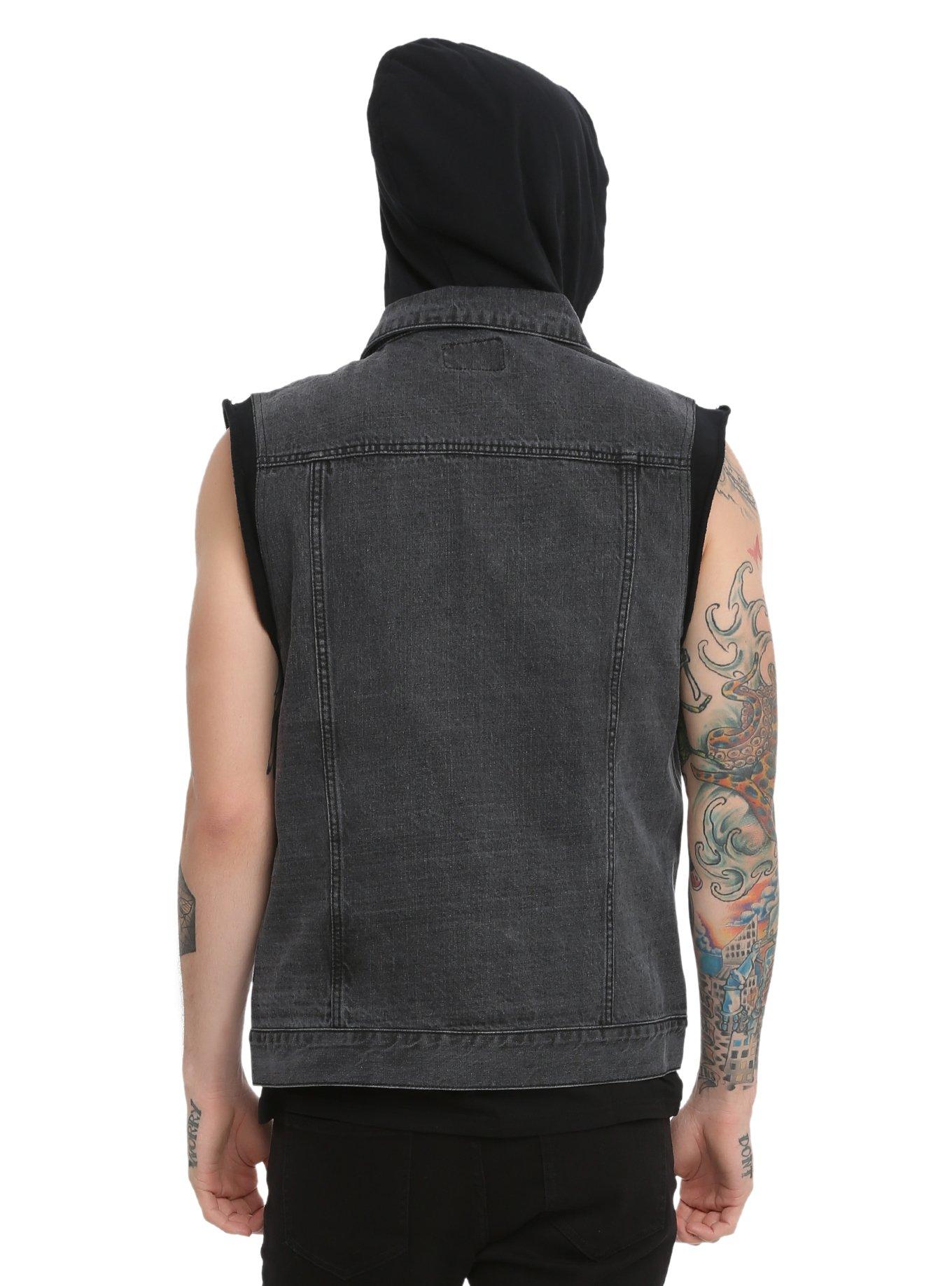 RUDE Faded Black Fleece Cap Hooded Denim Vest | Hot Topic