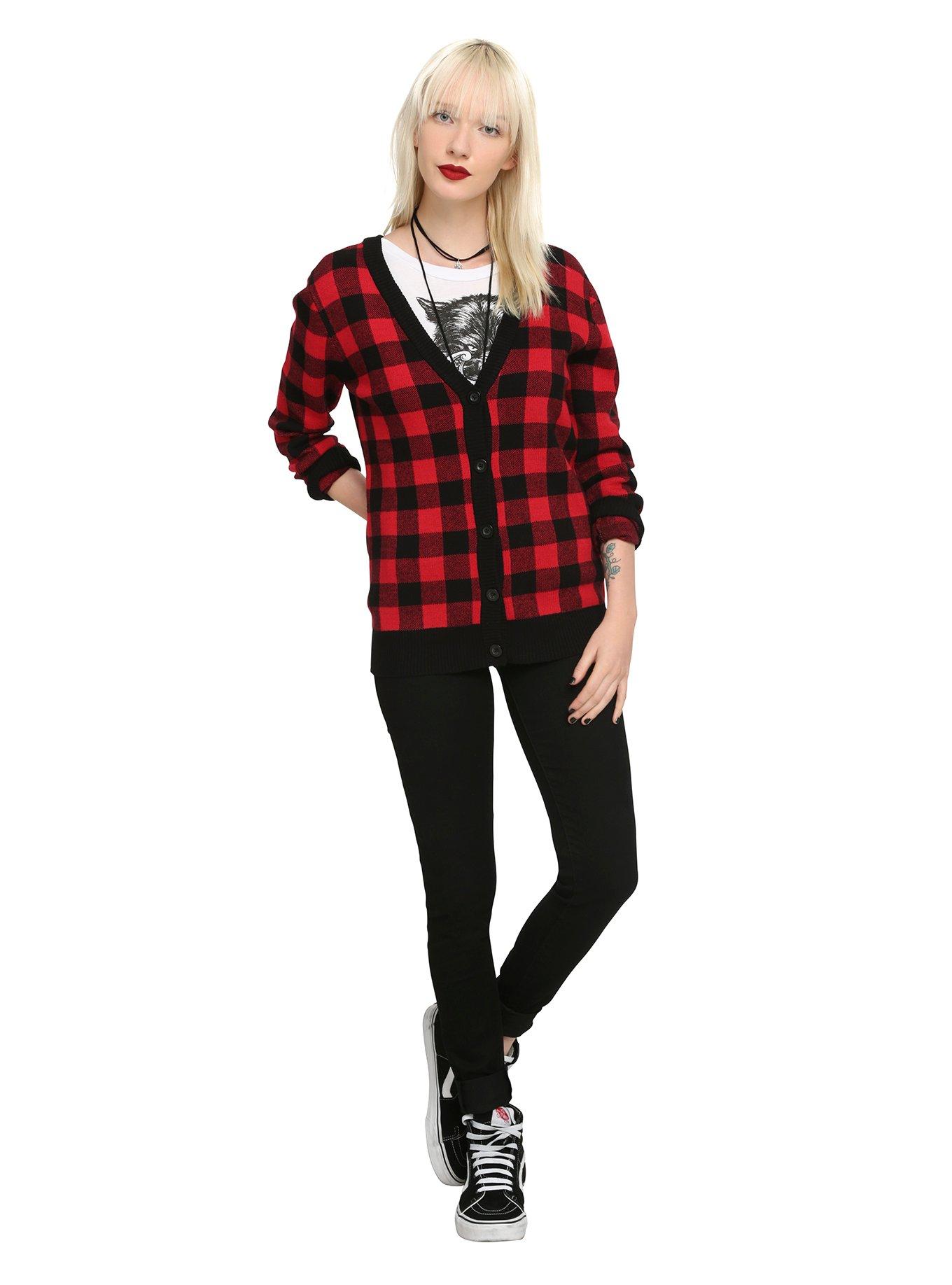 Red and Black Check Girls Cardigan | Hot Topic