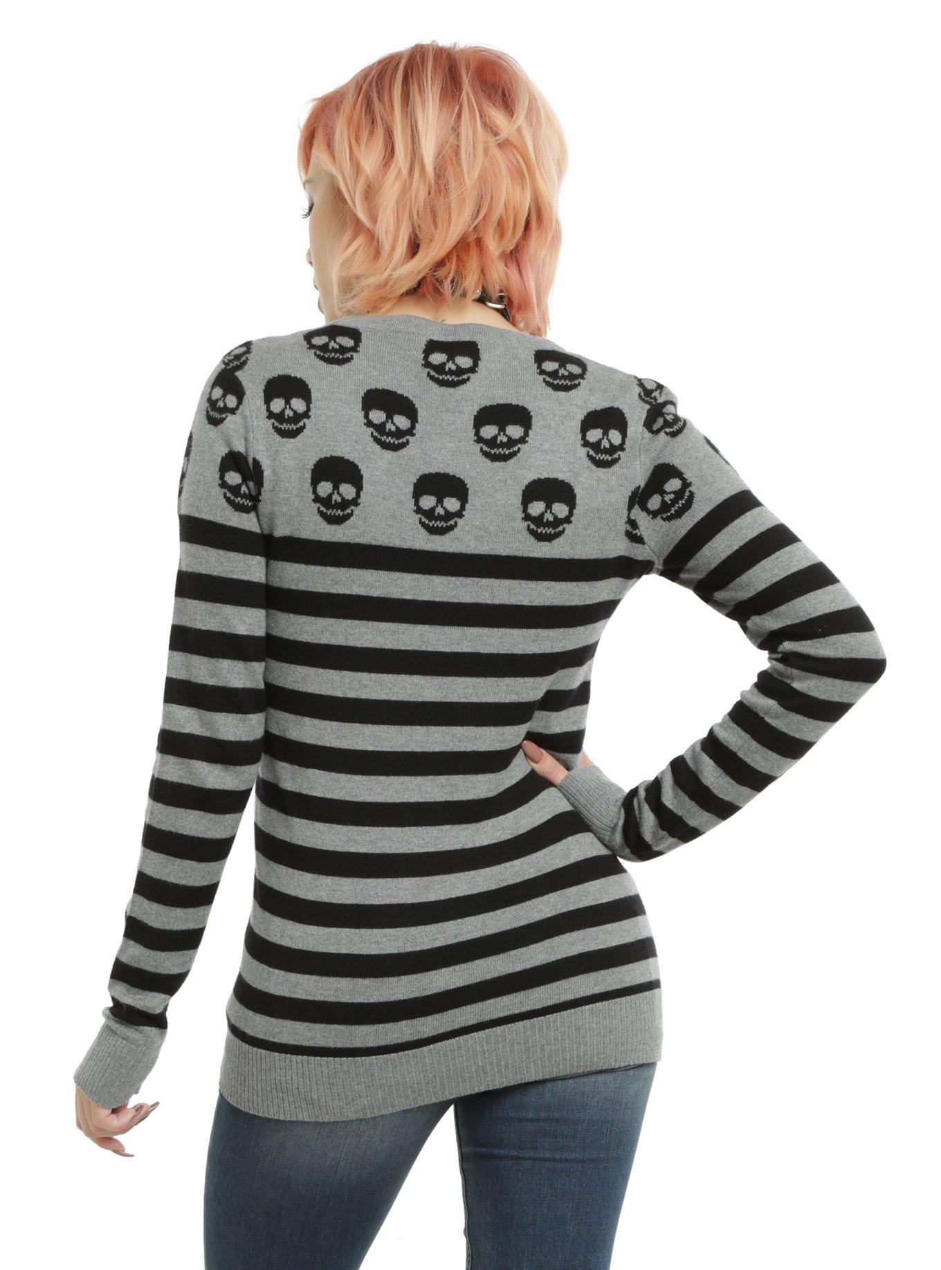 Grey & Black Skull & Stripe Girls Sweater | Hot Topic