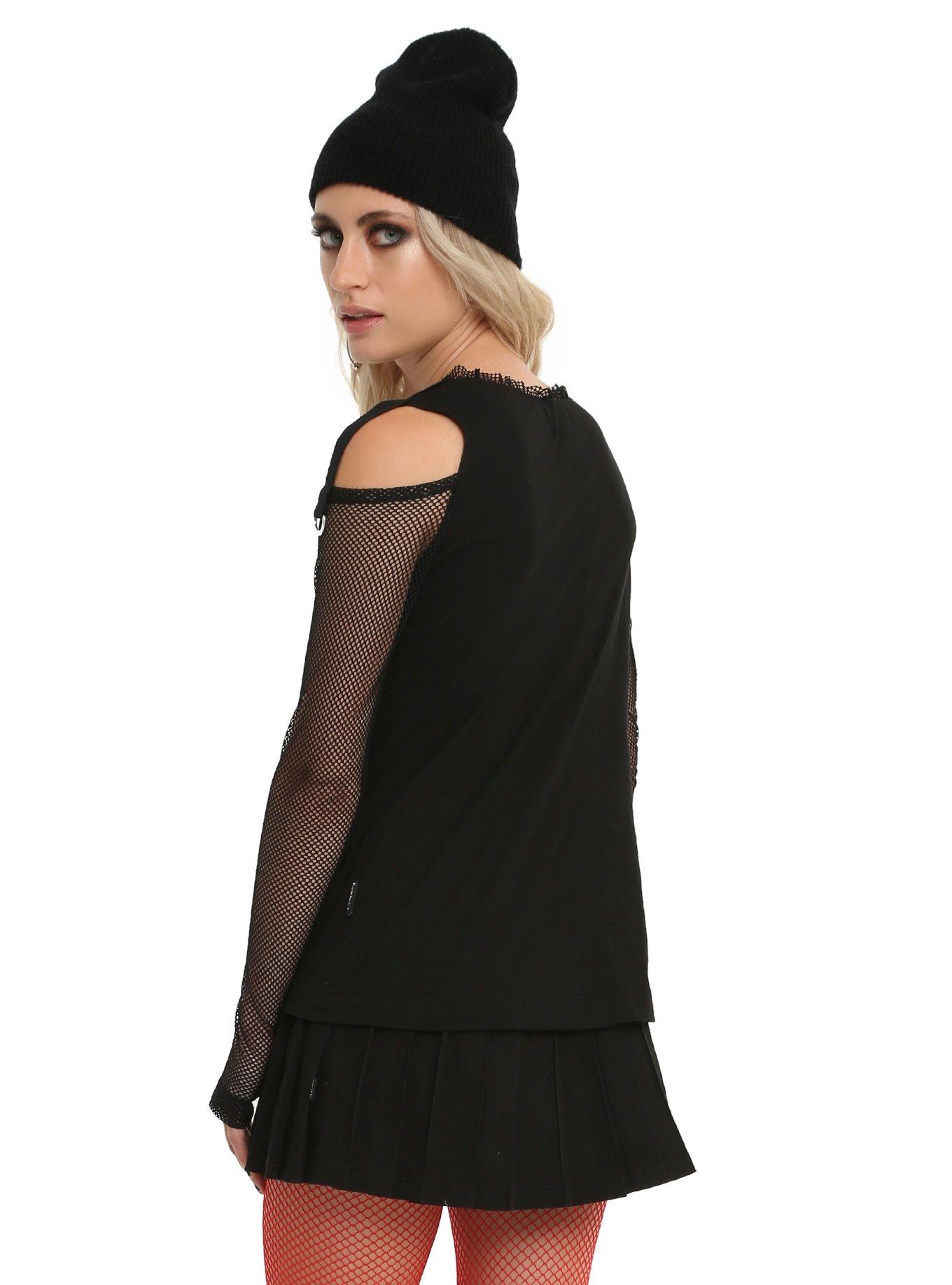 Tripp Black Zipper Fishnet Sleeve Top | Hot Topic