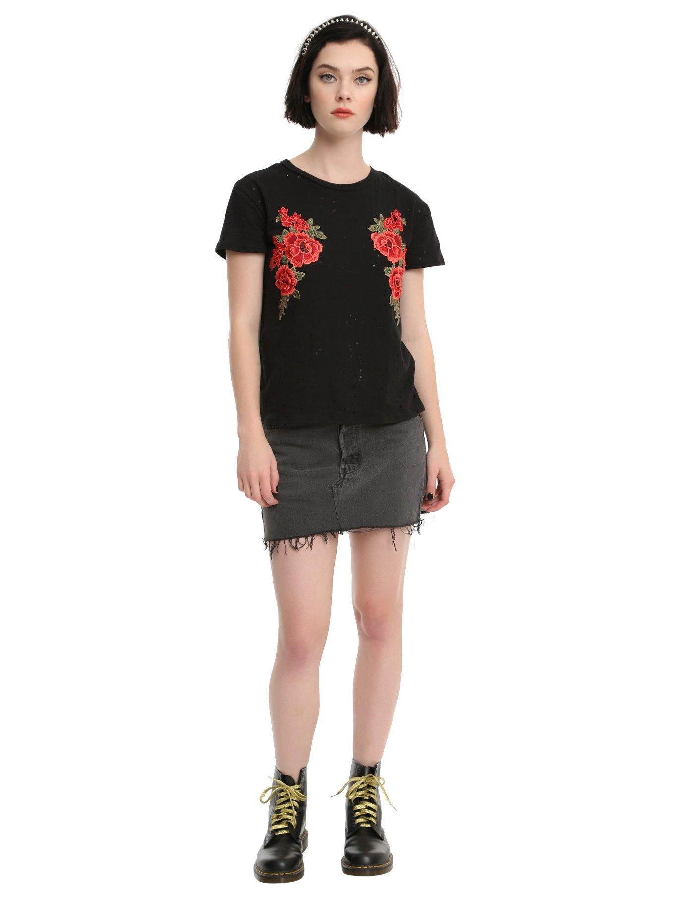 Black Embroidered Rose Girls Top | Hot Topic