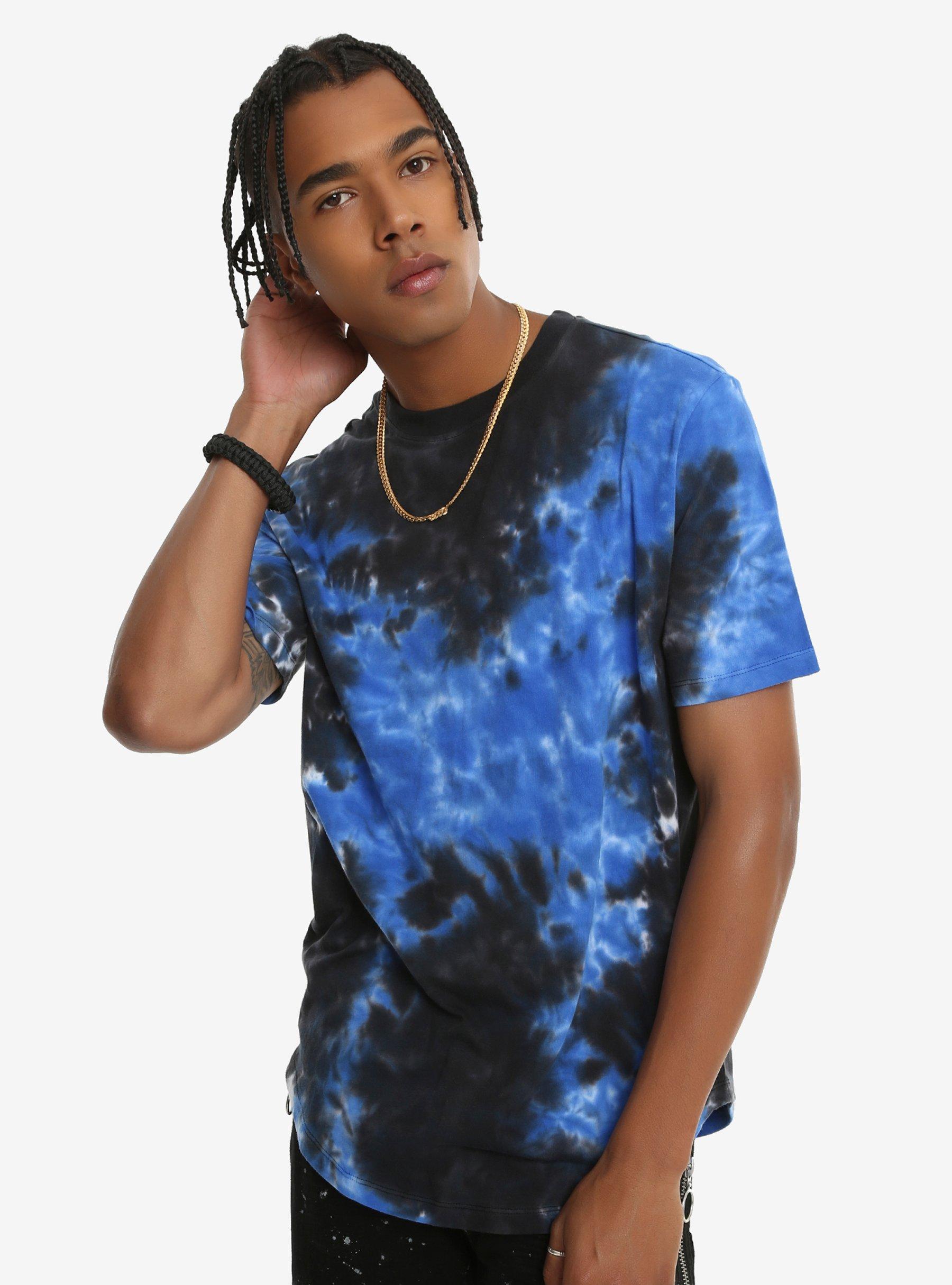 Black & Blue Tie Dye Round Hem T-Shirt | Hot Topic