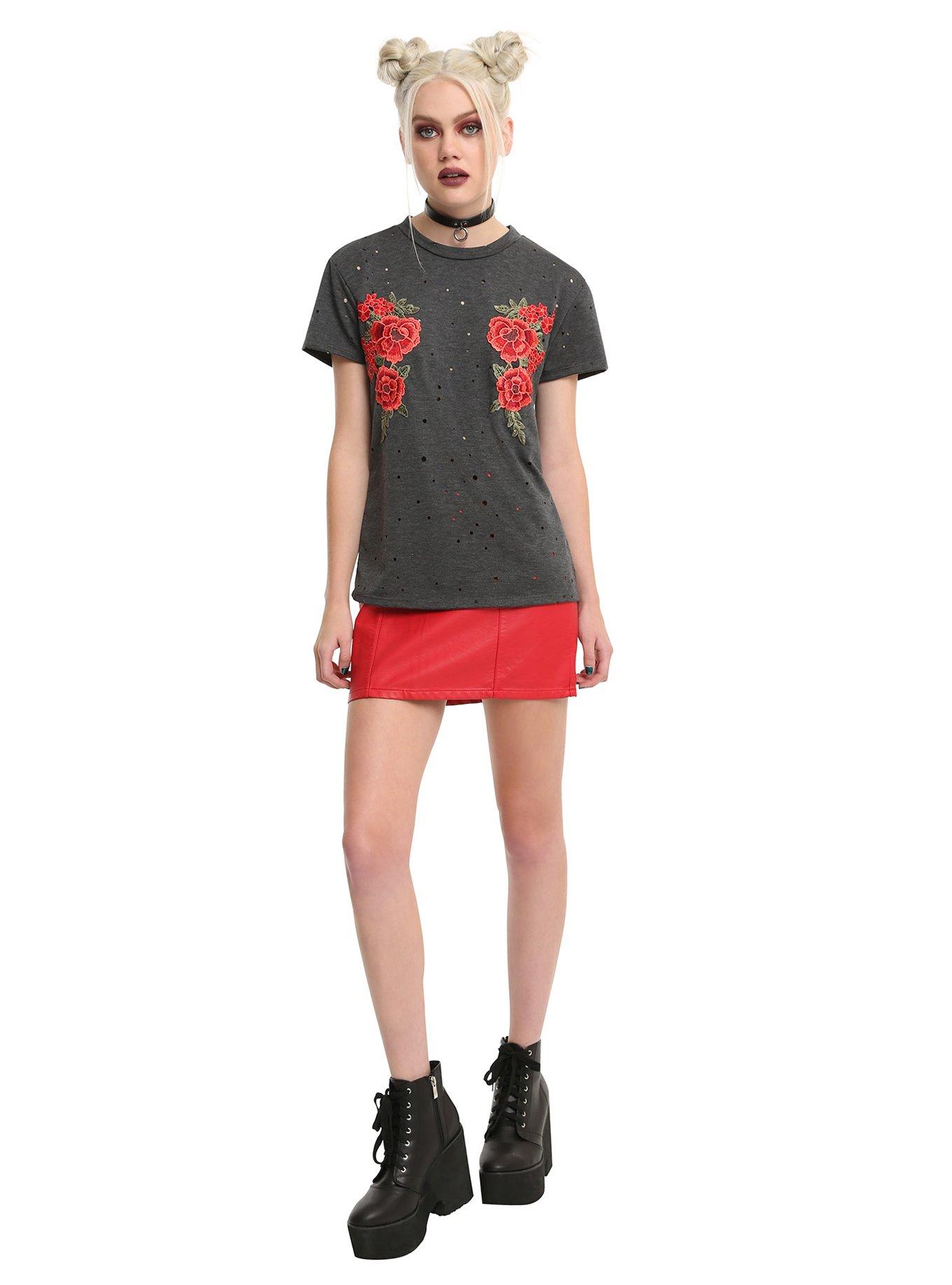 Grey Embroidered Rose Girls Top | Hot Topic