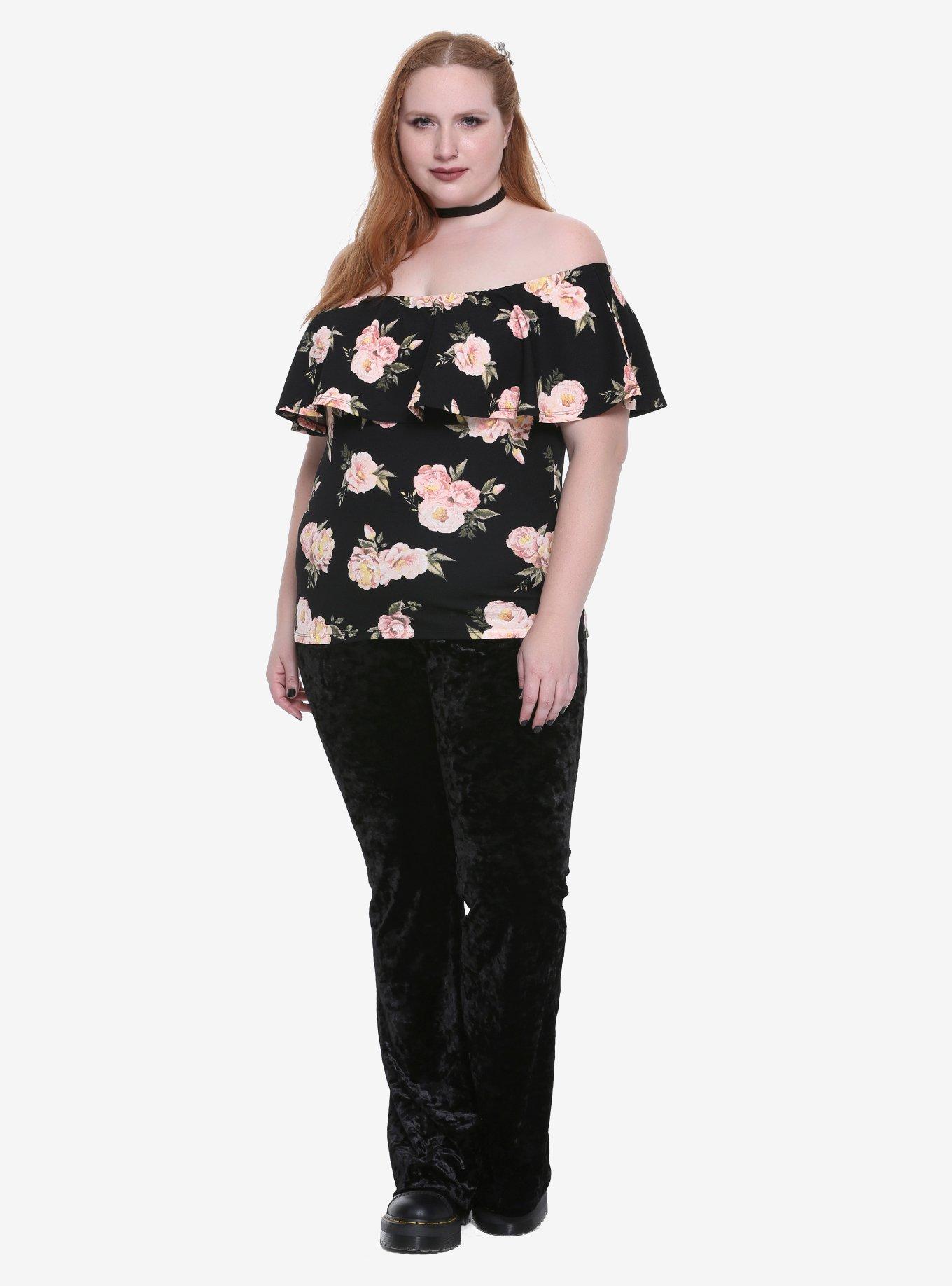Black Floral Ruffle Off-The-Shoulder Girls Top Plus Size | Hot Topic