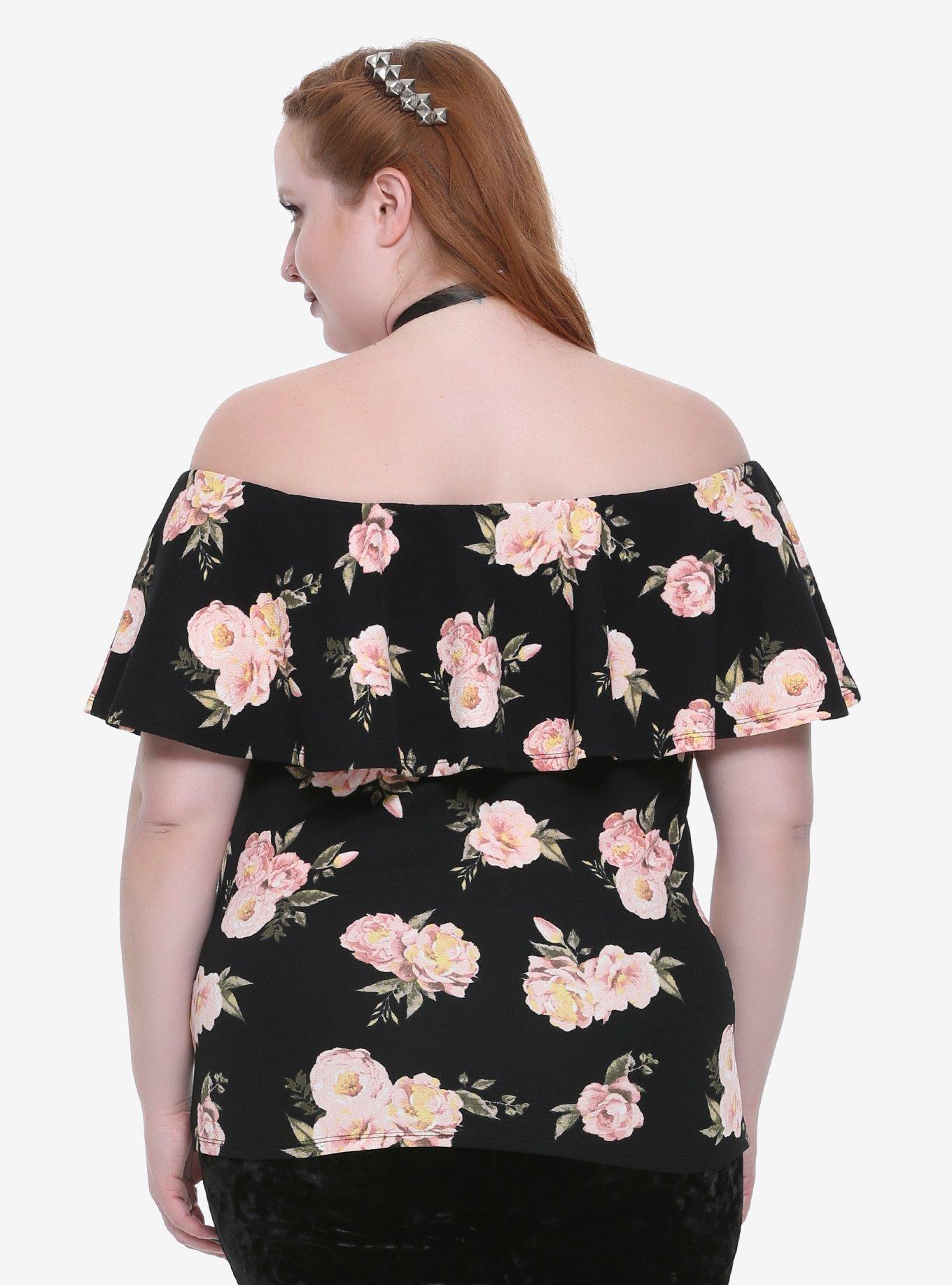 Black Floral Ruffle Off-The-Shoulder Girls Top Plus Size | Hot Topic