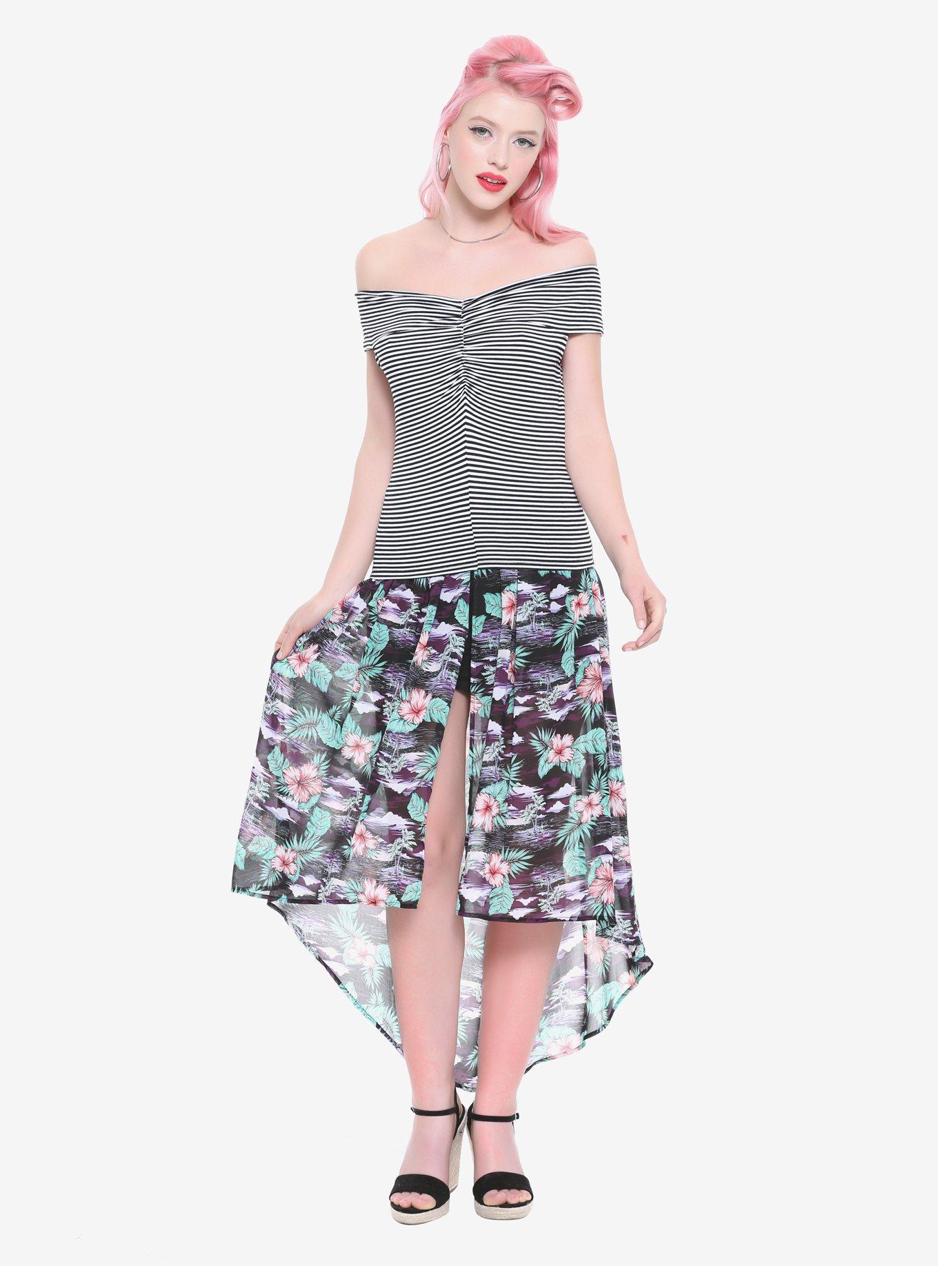 Black & White Striped Cinch Front Girls Off-The-Shoulder Top | Hot Topic