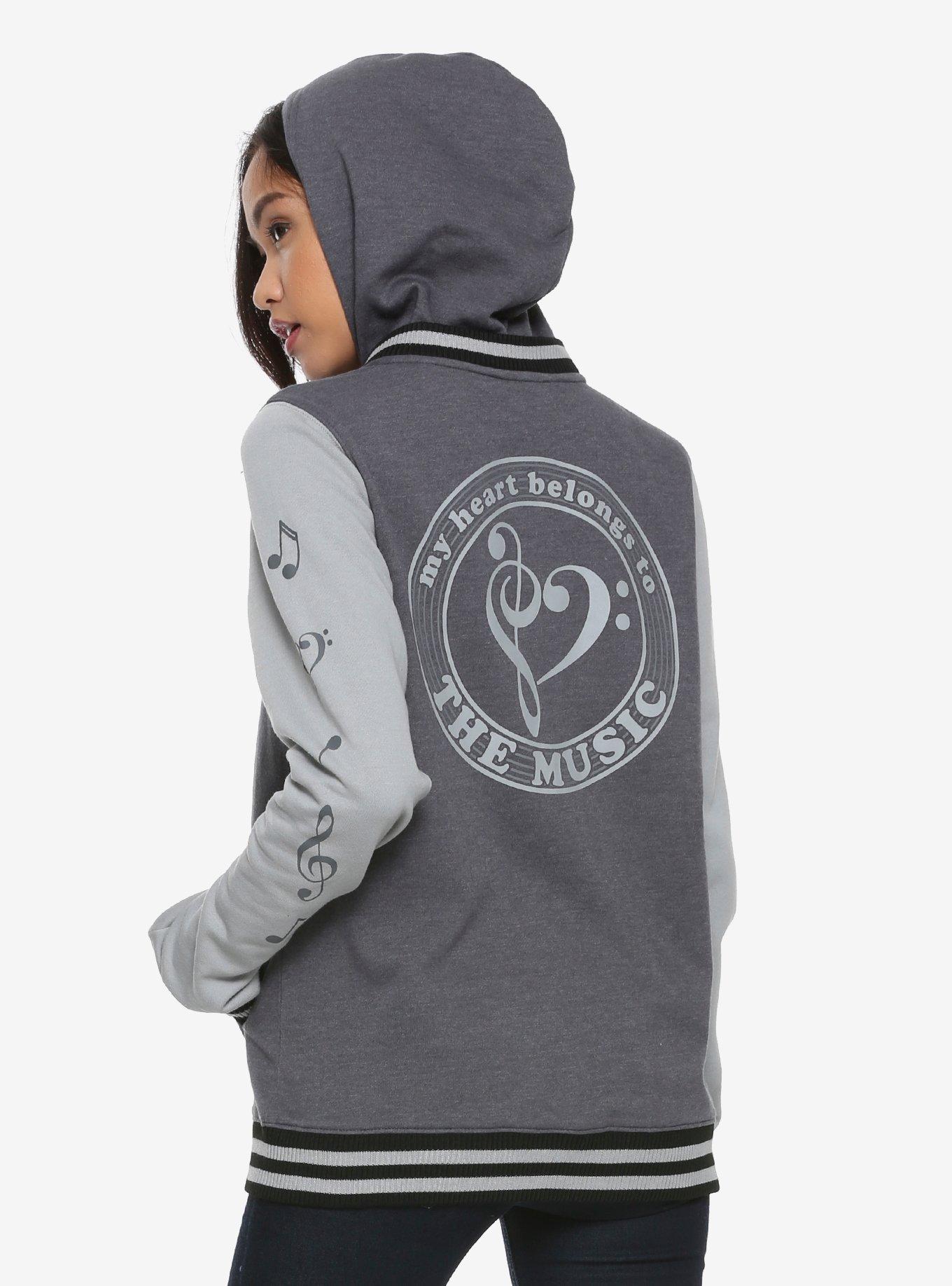 Hooded Musical Hearts Girls Varsity Jacket | Hot Topic