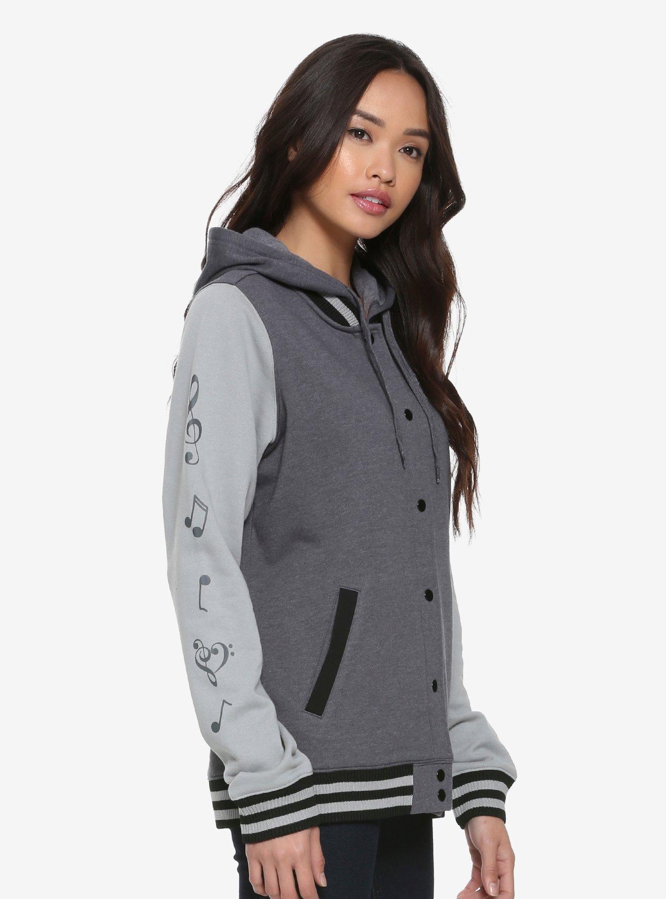 Hooded Musical Hearts Girls Varsity Jacket | Hot Topic