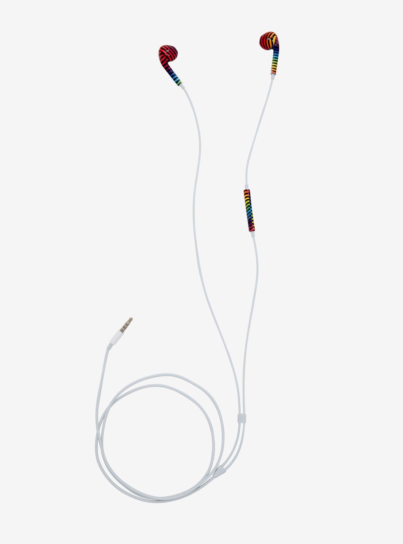 Rainbow & Black Striped Earbuds | Hot Topic