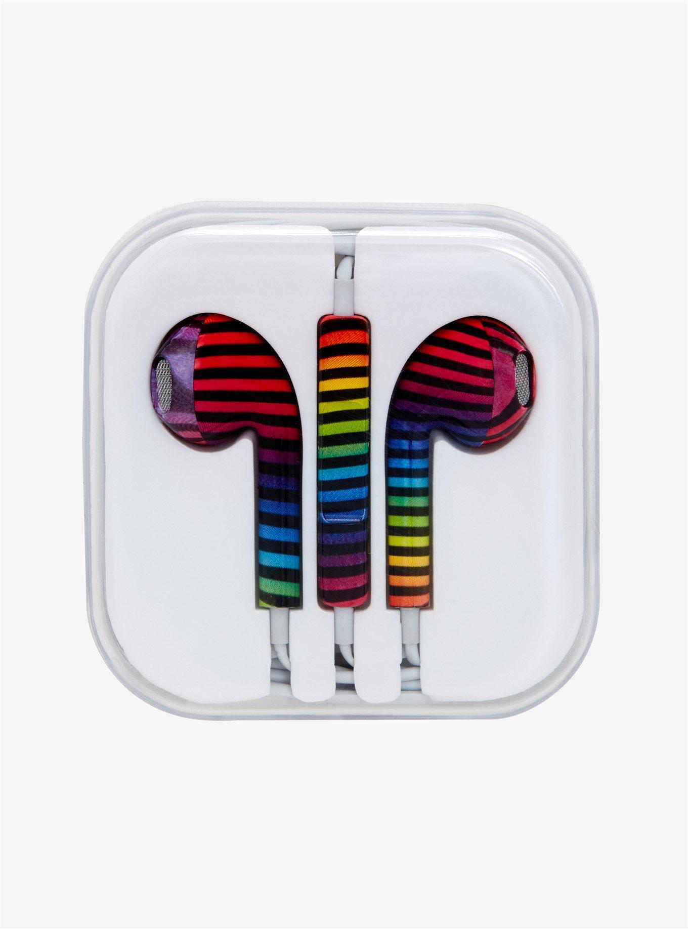 Rainbow & Black Striped Earbuds | Hot Topic
