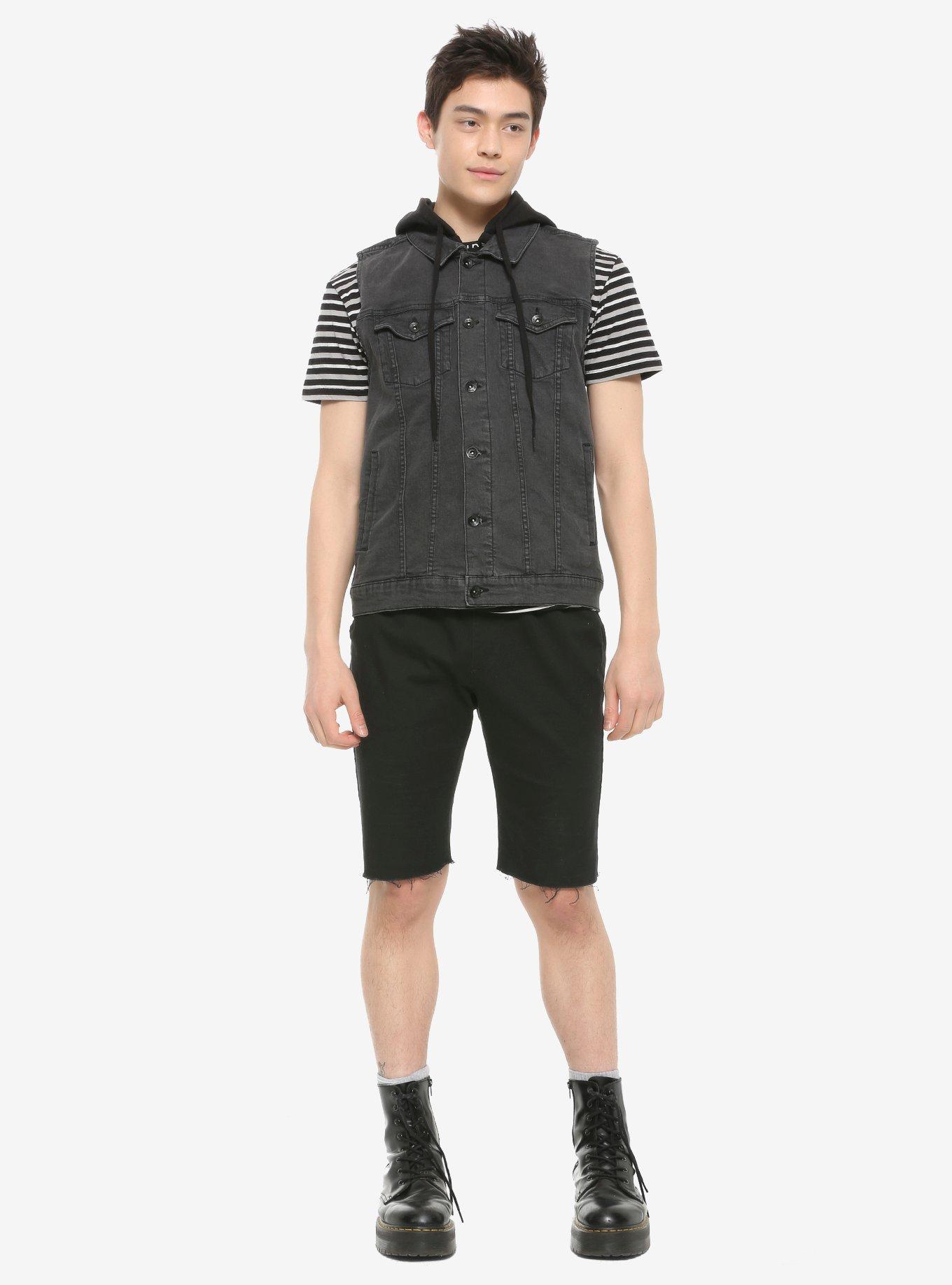 Black Washed Removable Hood Denim Vest | Hot Topic