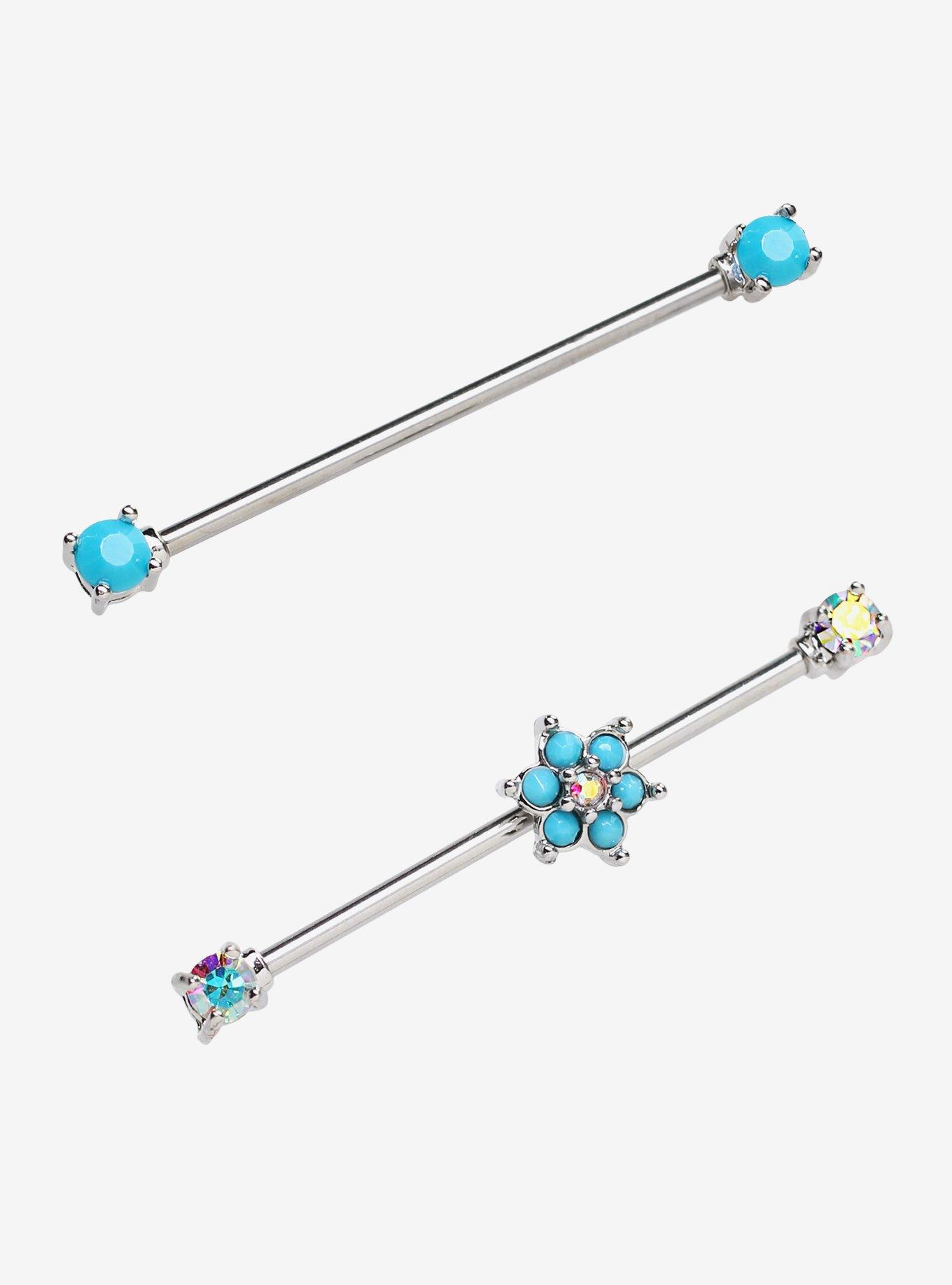 14G Turquoise Iridescent Flower Gem Industrial Barbell 2 Pack | Hot Topic