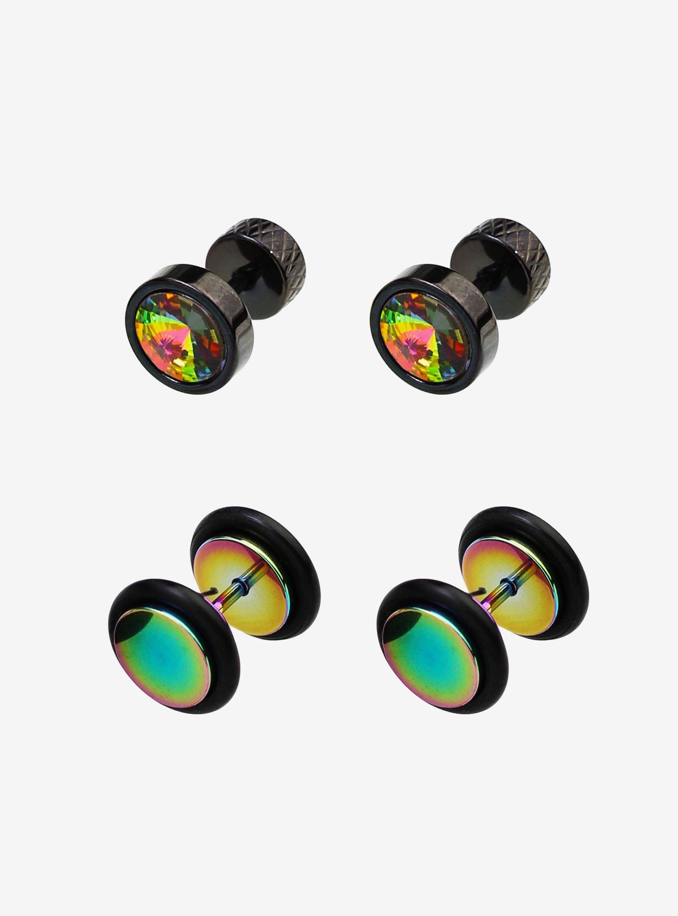 Black And Anodized Rainbow Bling Faux Plug 4 Pack | Hot Topic