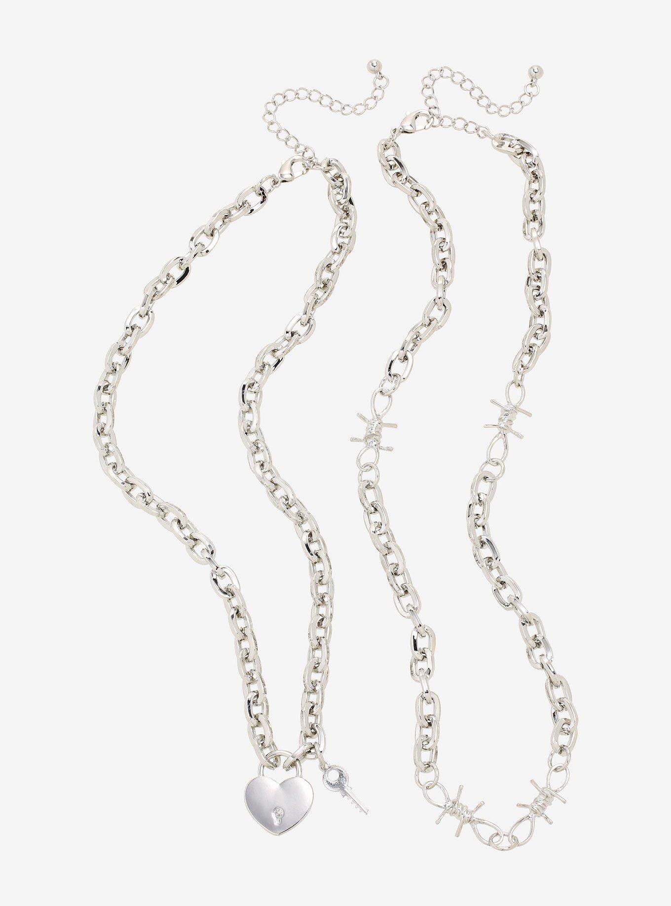Heart Padlock Barbed Wire Chain Necklace Set | Hot Topic
