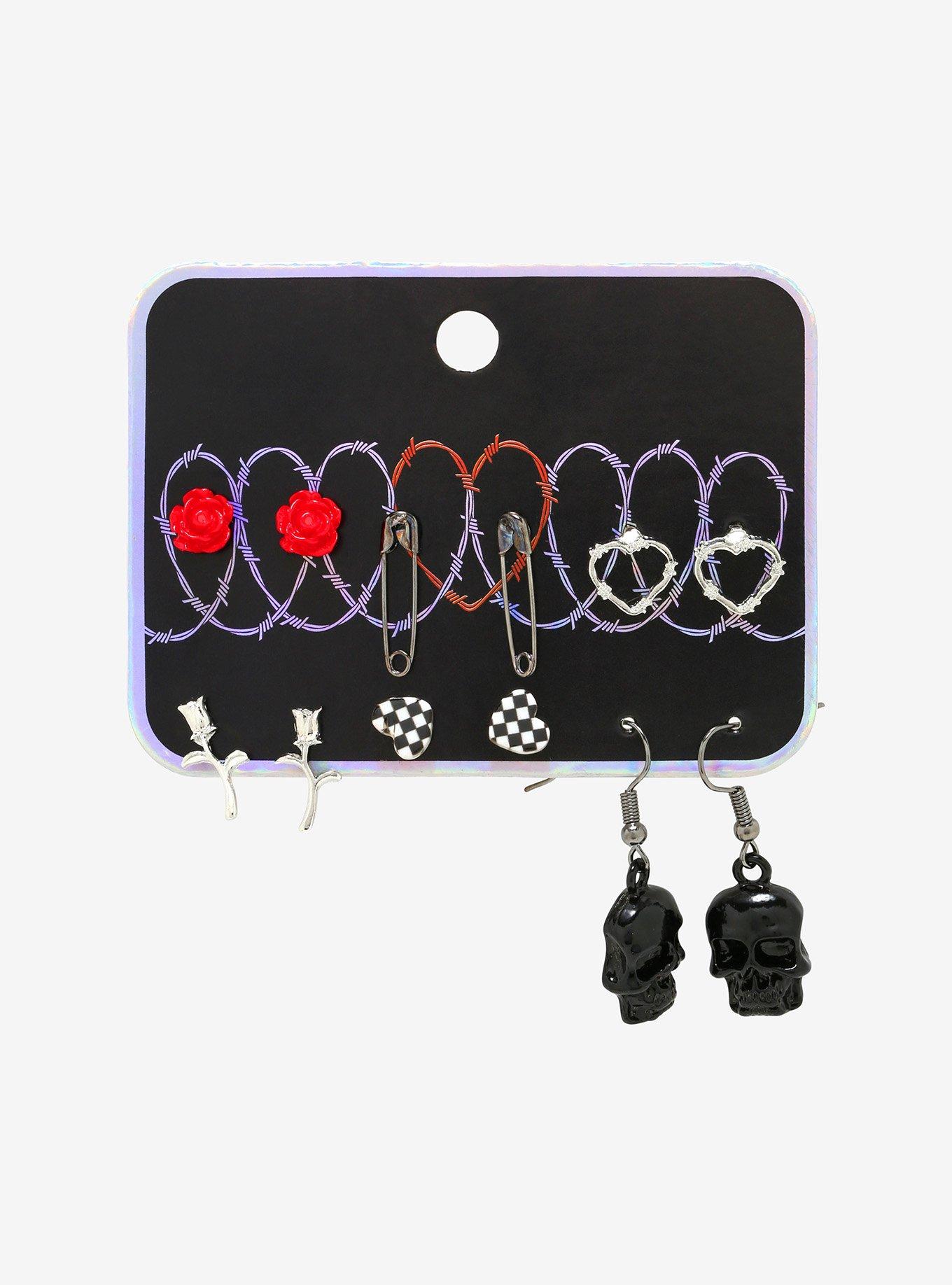 Checkered Rose Skull & Safety Pin Earring Set | Hot Topic