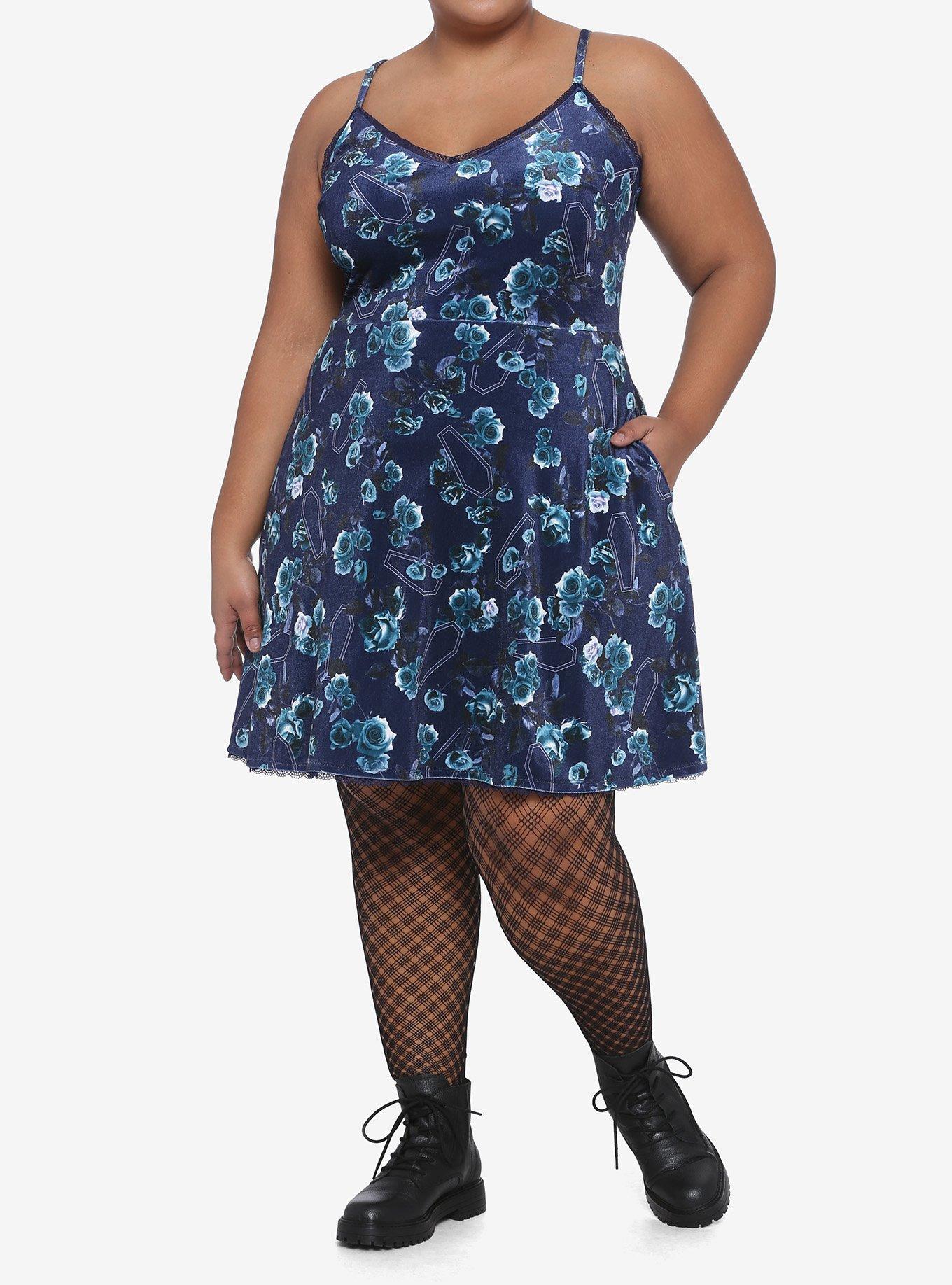 Blue Roses & Coffins Velvet Skater Slip Dress Plus Size | Hot Topic