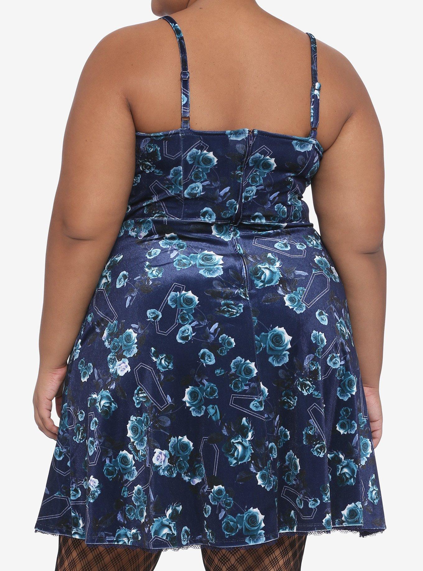 Blue Roses & Coffins Velvet Skater Slip Dress Plus Size | Hot Topic