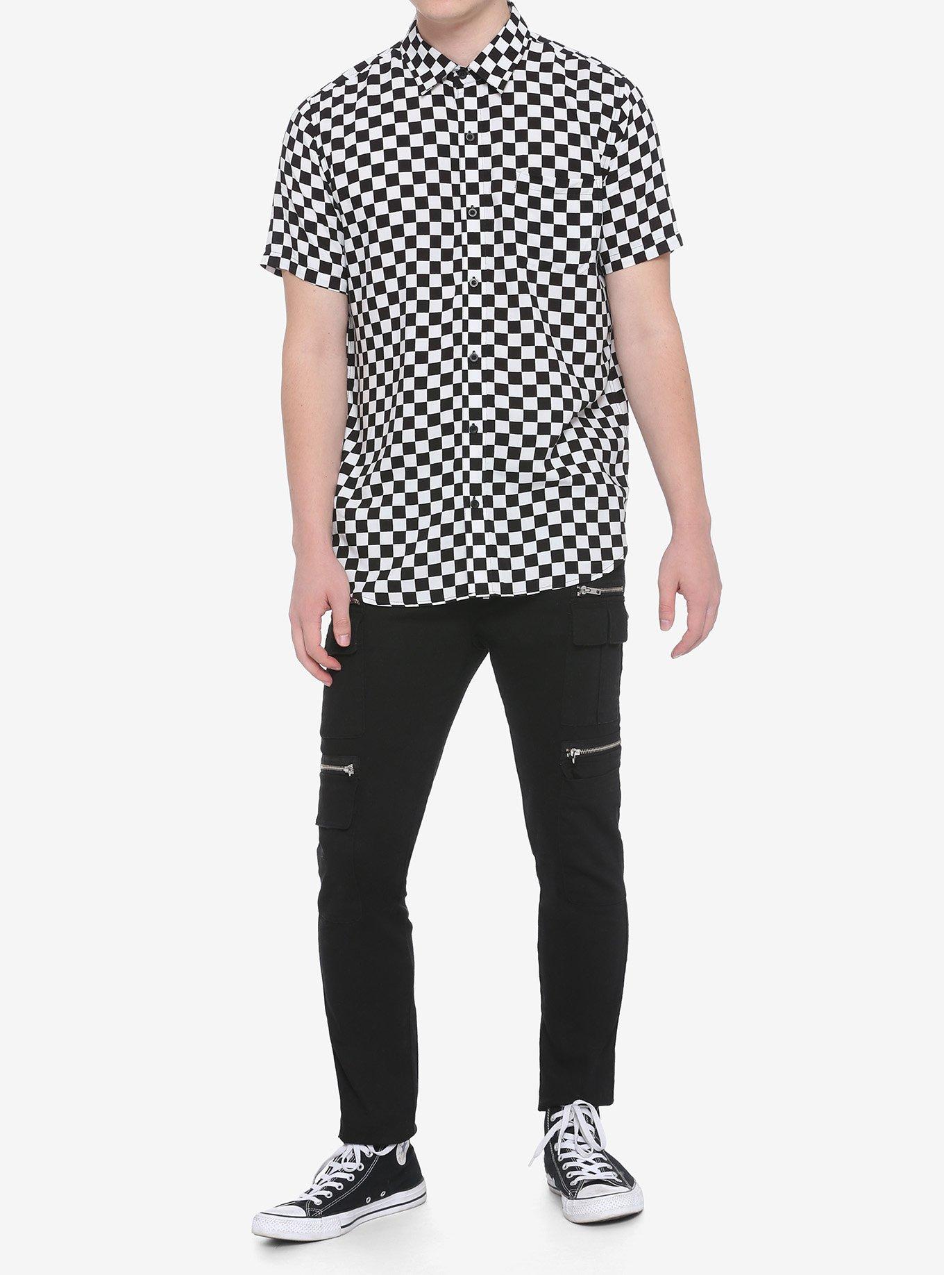 Black & White Checkered Woven Button-Up | Hot Topic