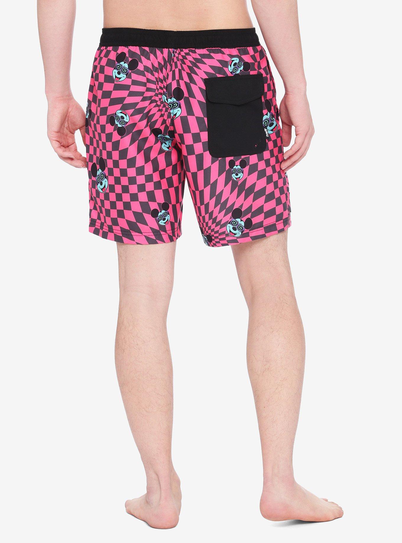 Neff X Disney Mickey Mouse Pink & Black Warped Checkered Swim Trunks ...