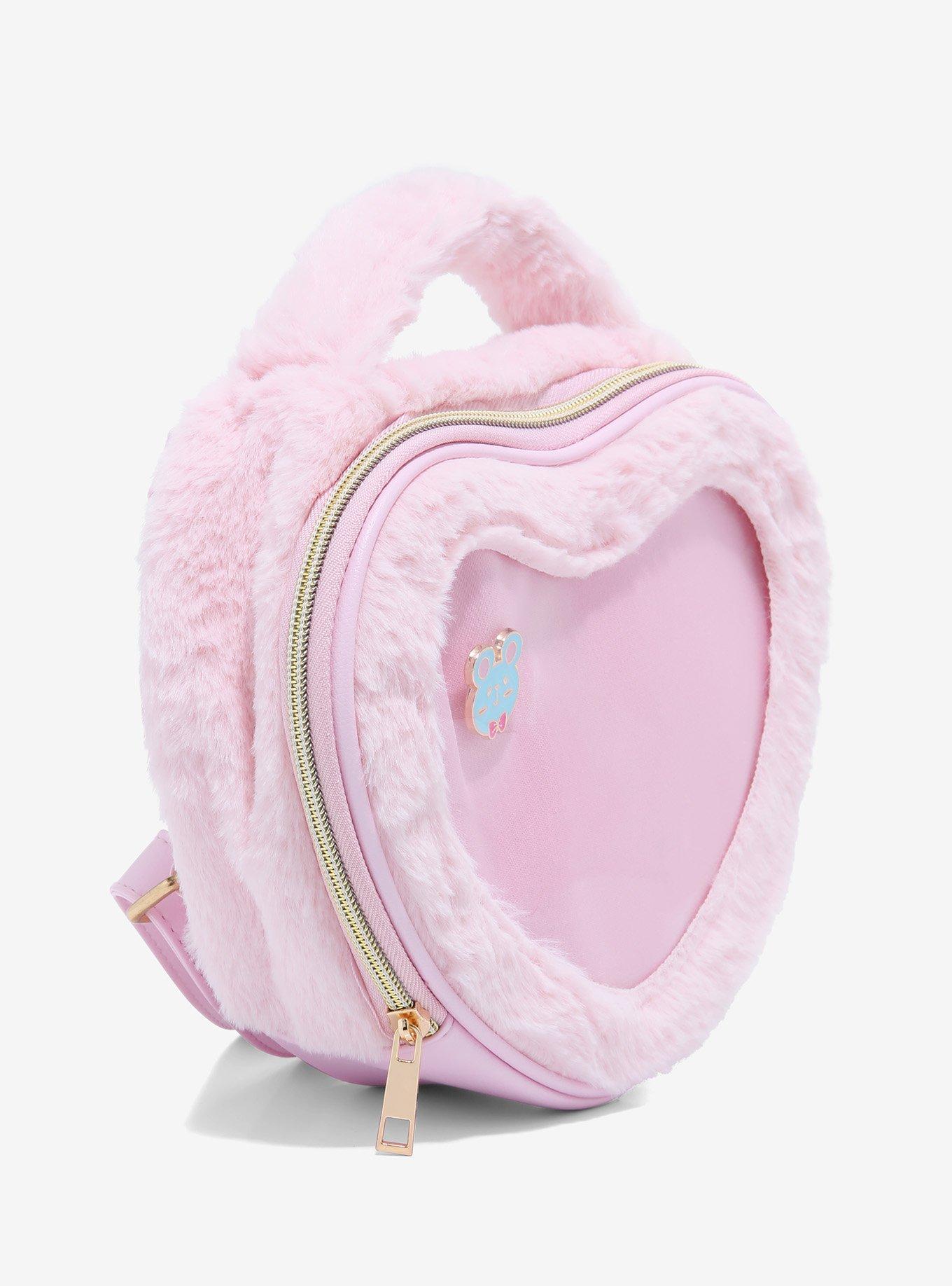 Pink Fuzzy Heart Pin Collector Mini Backpack