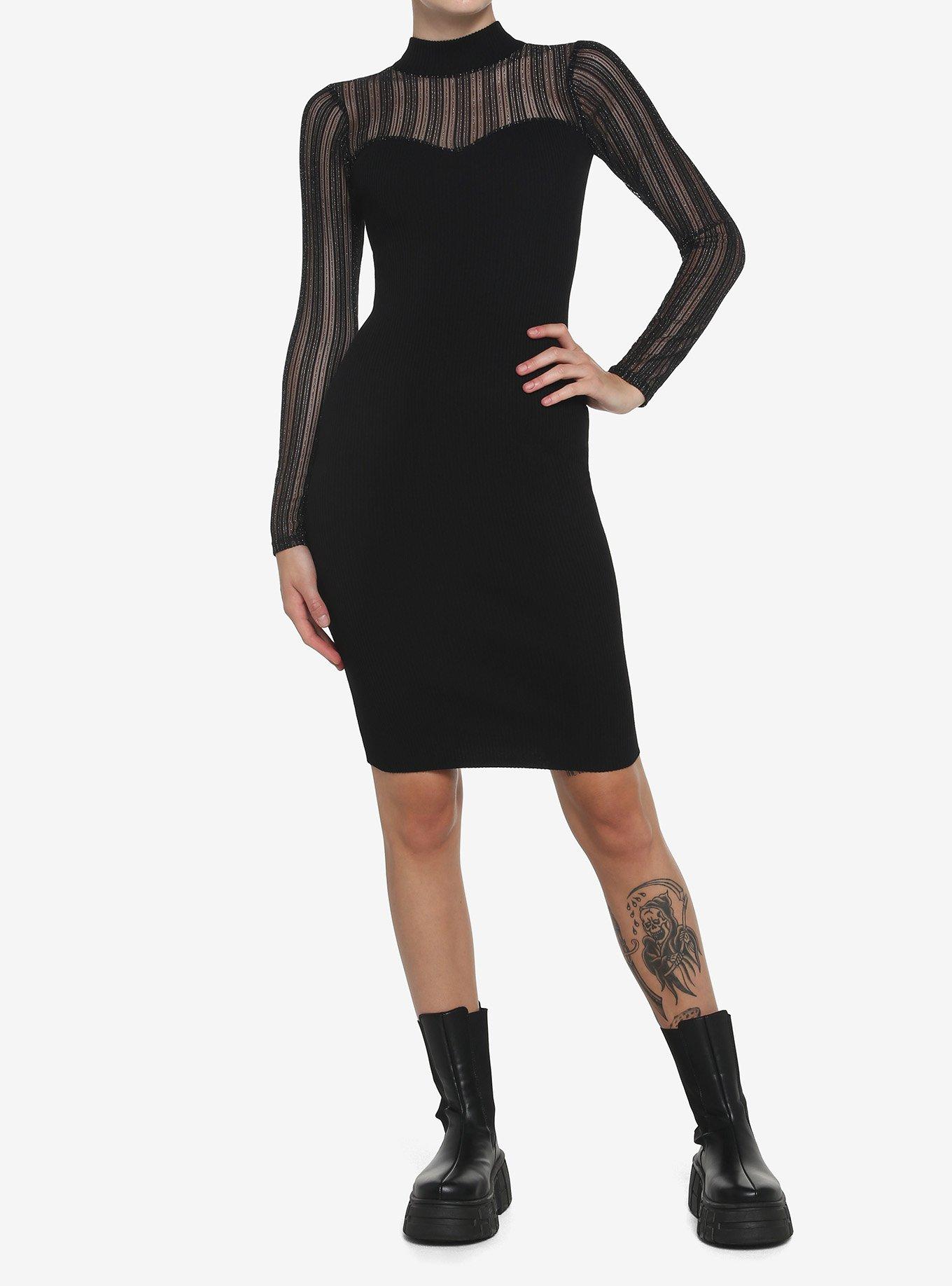Black Glitter Mesh Long-Sleeve Midi Dress | Hot Topic