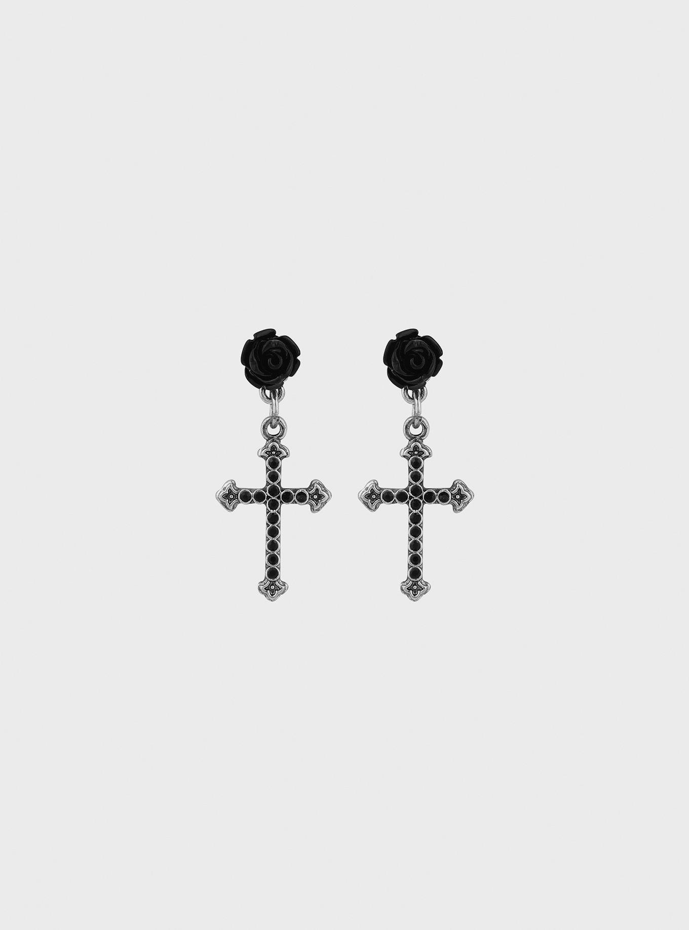 Black Rose Cross Drop Earrings | Hot Topic