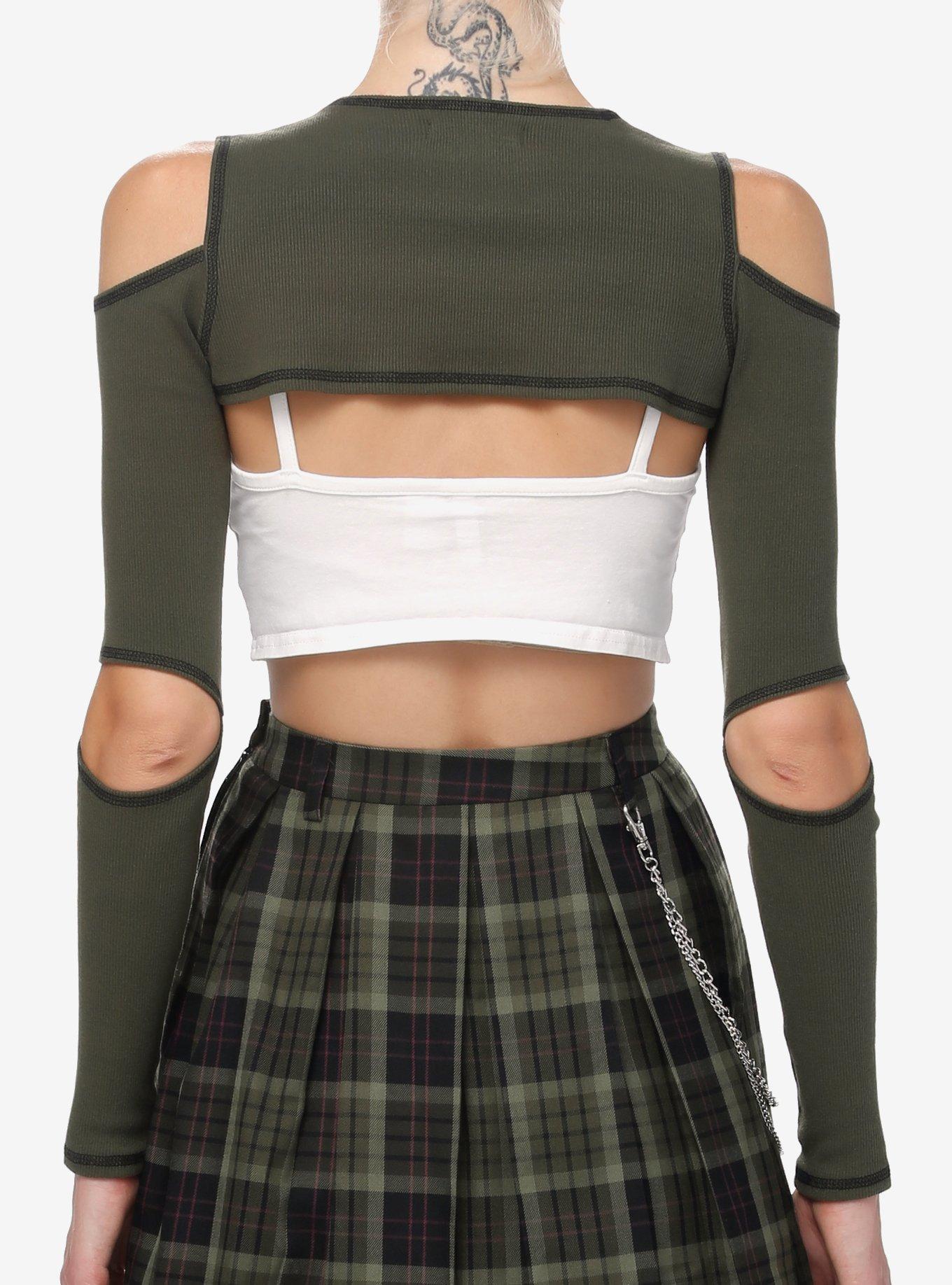 Olive Cold Shoulder Cutout Girls Crop Shrug | Hot Topic