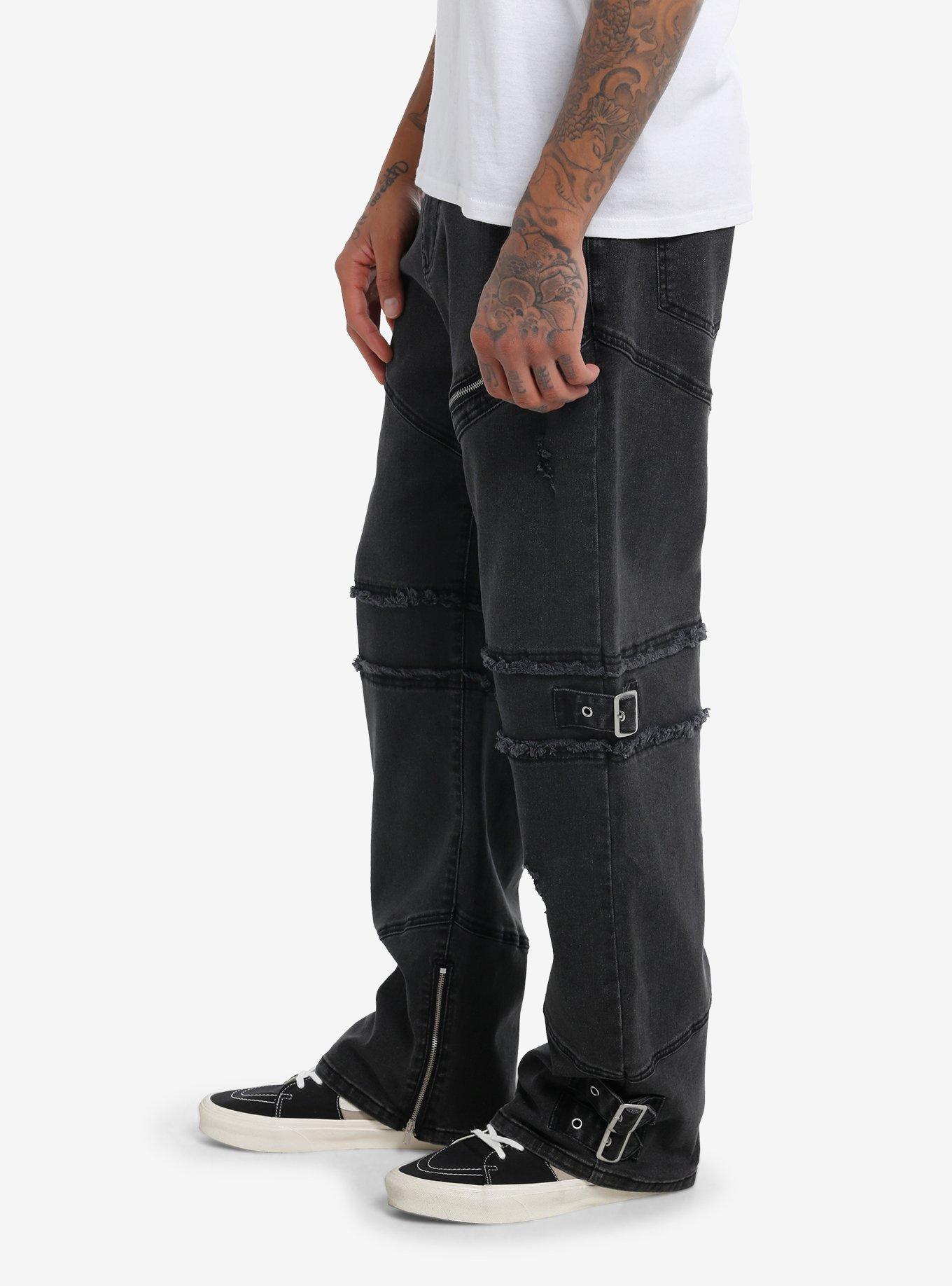 Black Zipper Grommet Frayed Wide Leg Denim Pants | Hot Topic