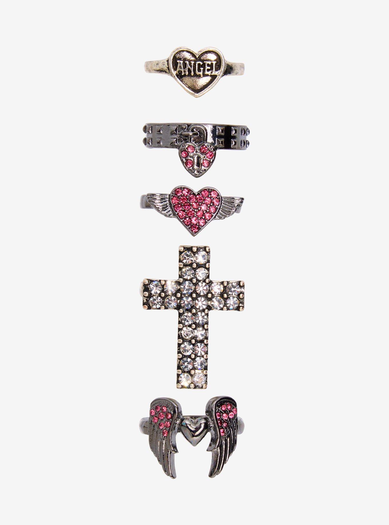 Angel Cross Heart Rhinestone Ring Set | Hot Topic