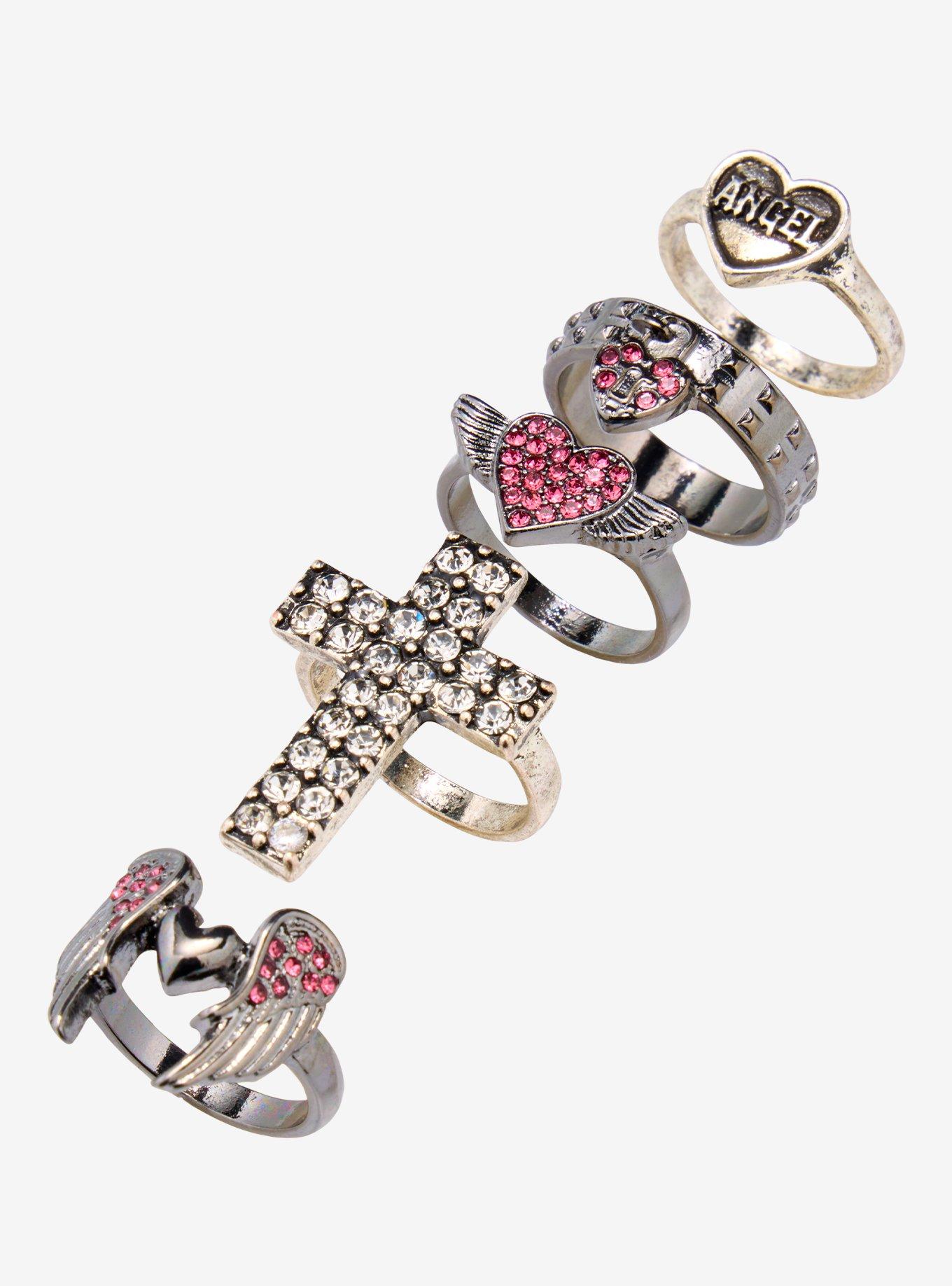 Angel Cross Heart Rhinestone Ring Set | Hot Topic