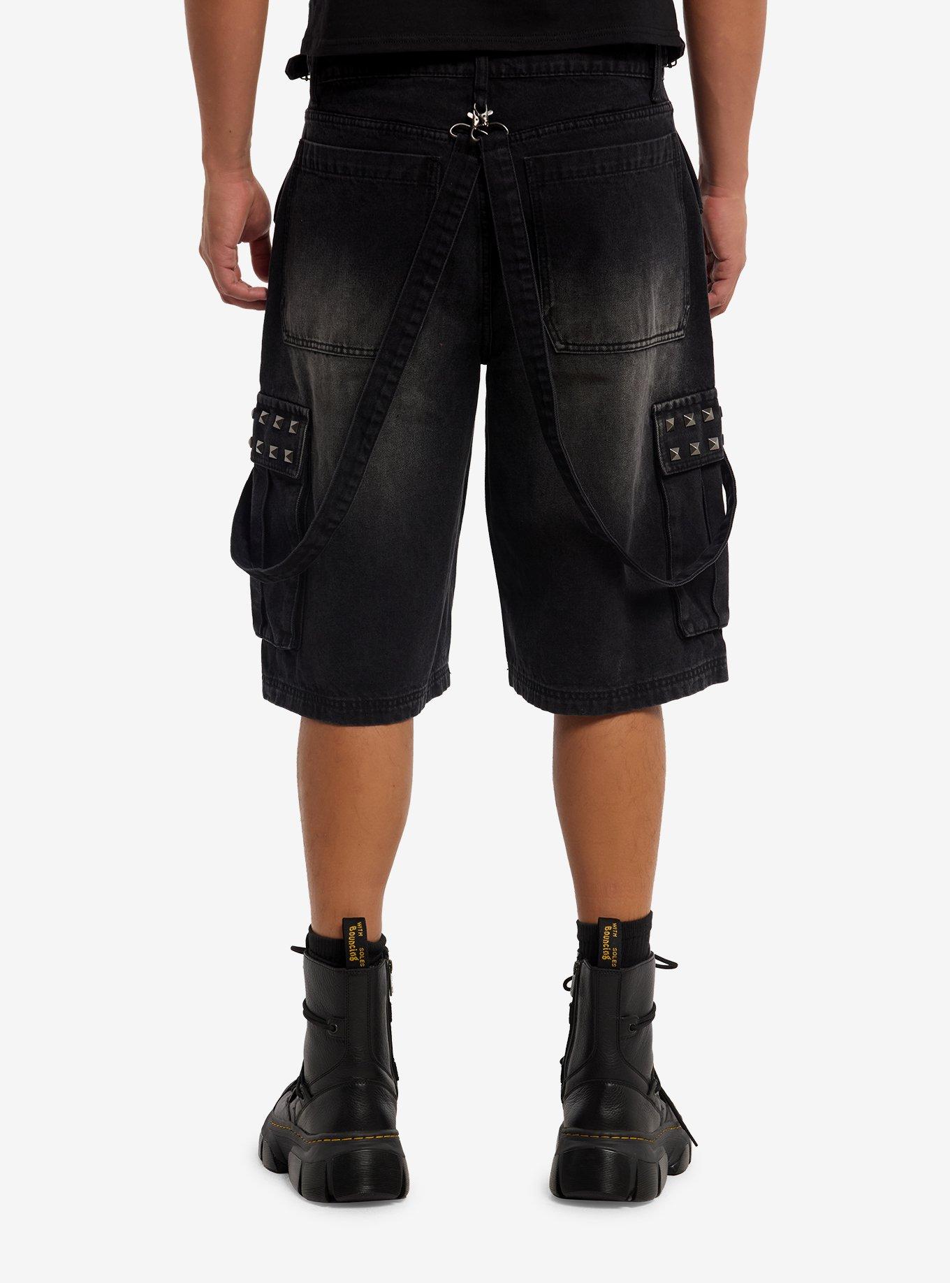 Black Wash Pyramid Stud Suspender Denim Jorts | Hot Topic