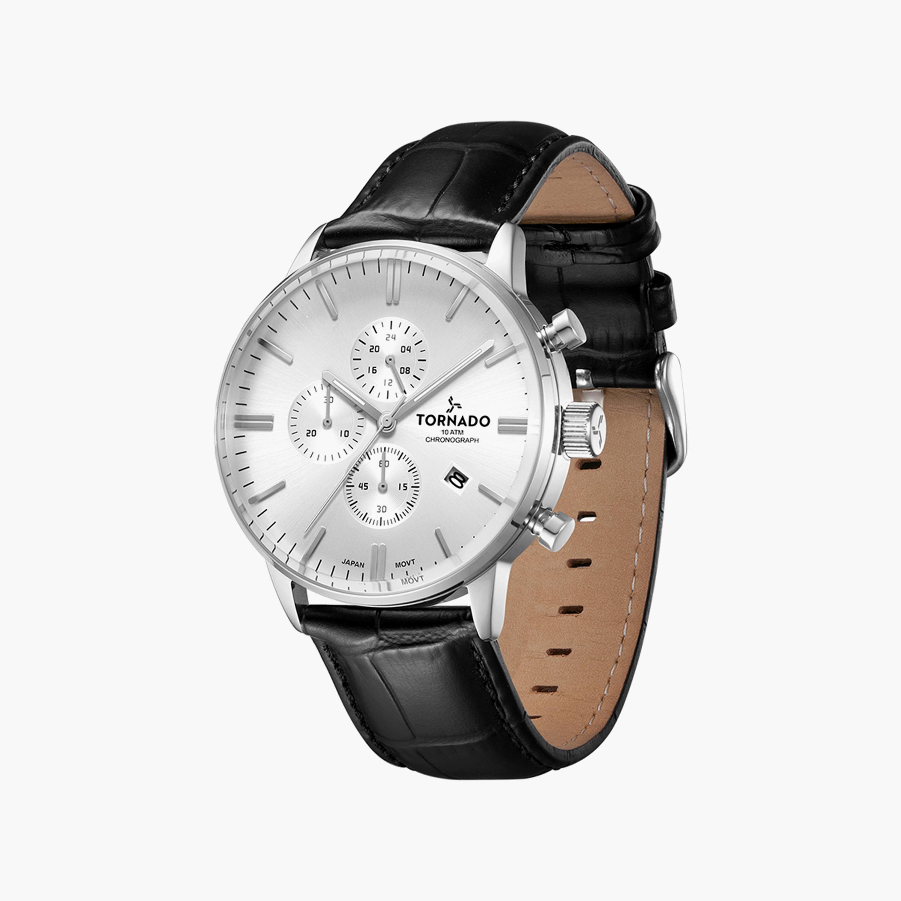 Shop Tornado Men's Black Chronograph Leather Strap Watch | T6102-SLBW ...