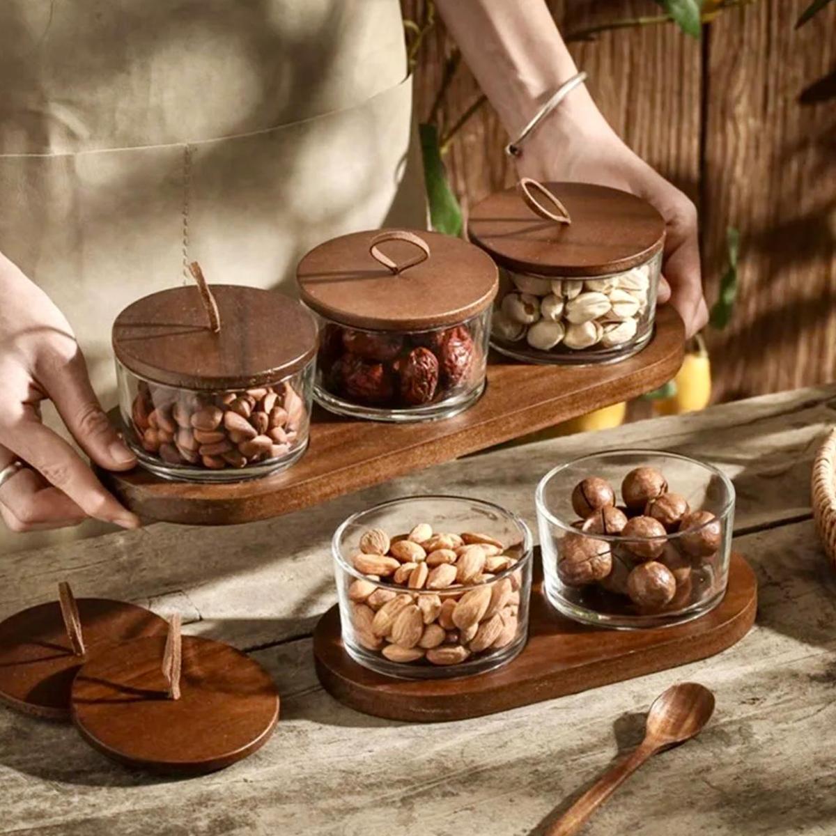 Shop Quesera 3-Piece Nut Jar Set with Wooden Tray | Home Centre UAE