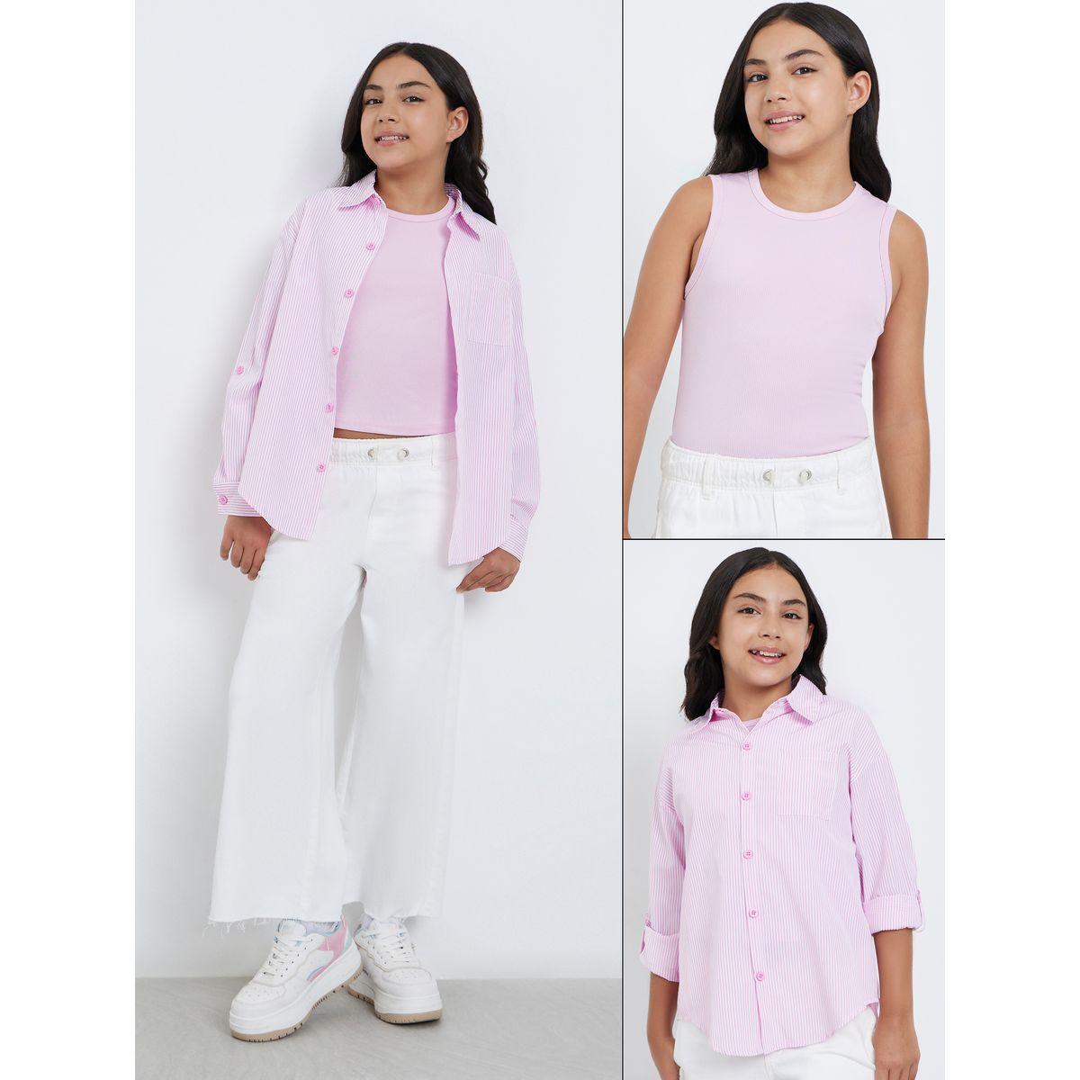 Styli Pack of 2 - Girls Pink Striped Shirt and Rib Tank Online | Girls ...
