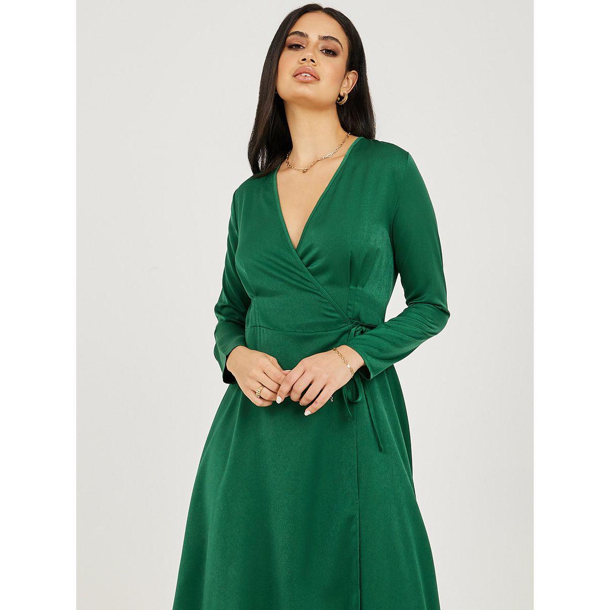 Buy Styli Long Sleeves Pleat Bust Detail Wrap Maxi Dress Online ...