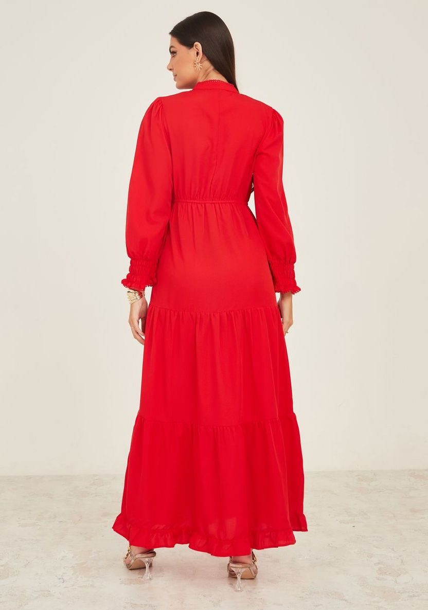 Buy Womens Styli Smocked Cuff Lace Trim Neck Tiered Maxi Dress Online