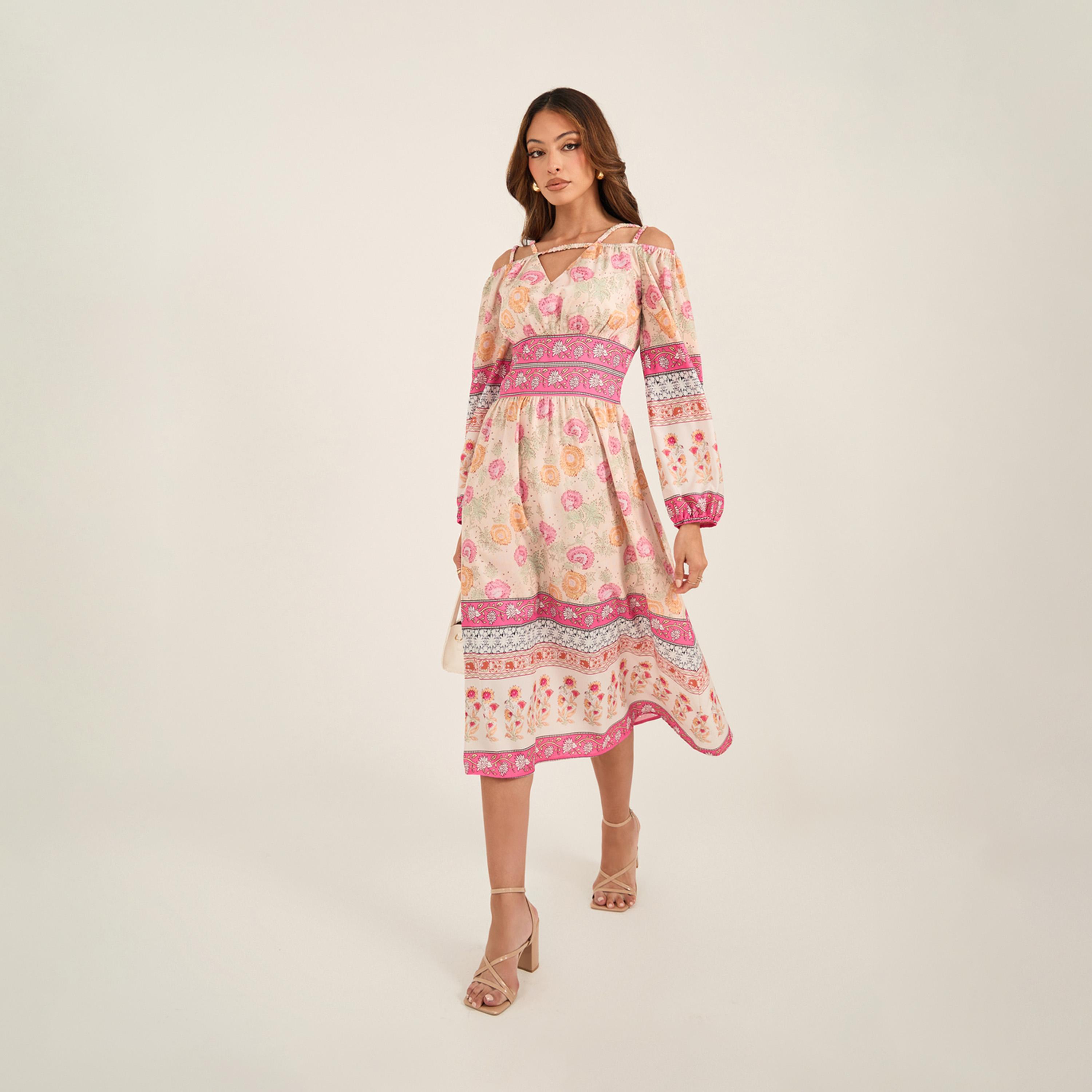 Buy Take Two All-Over Print V Neck Balloon Sleeve Midi Dress Online ...