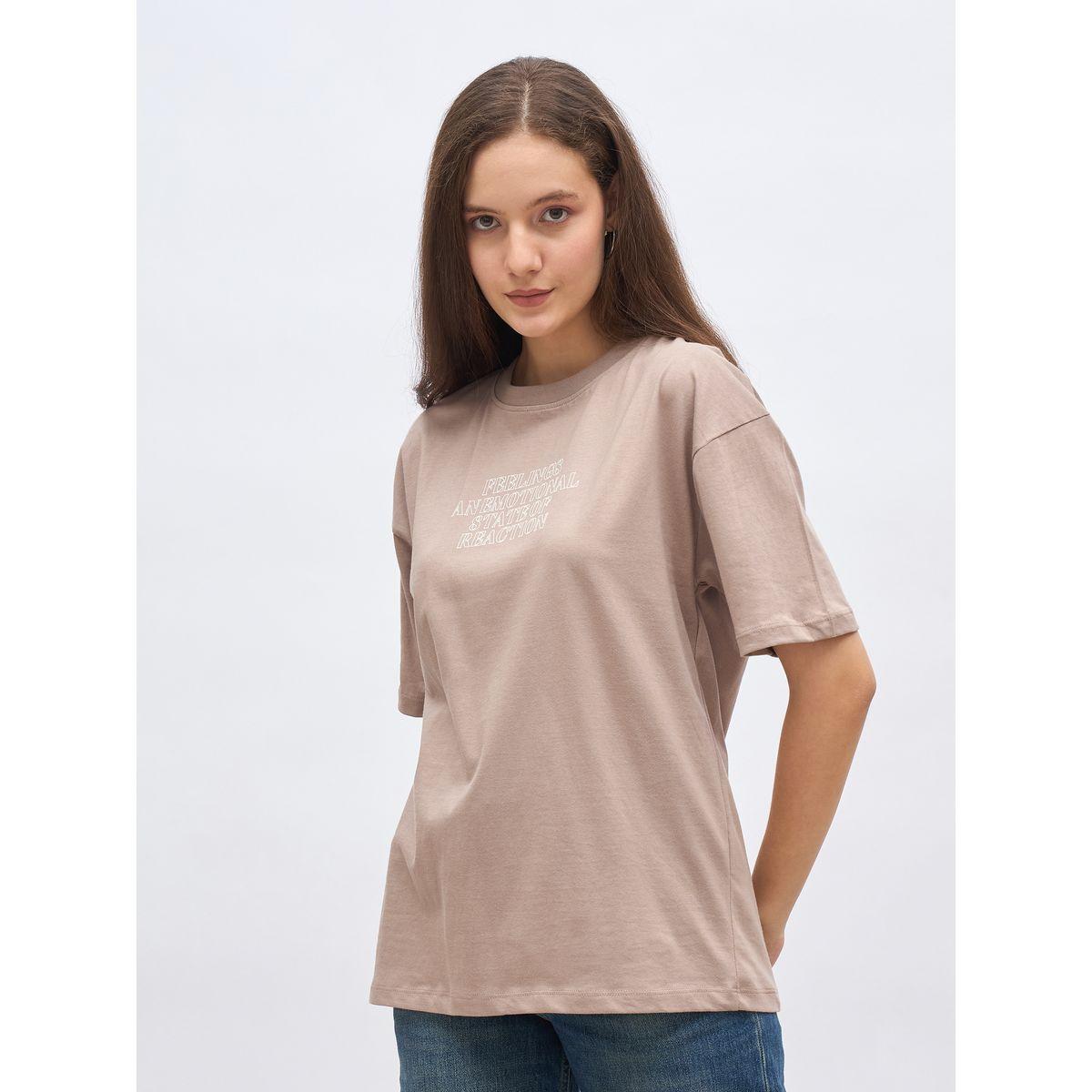 Buy Styli Beige Slogan Print Oversized T-Shirt Online | Centrepoint UAE
